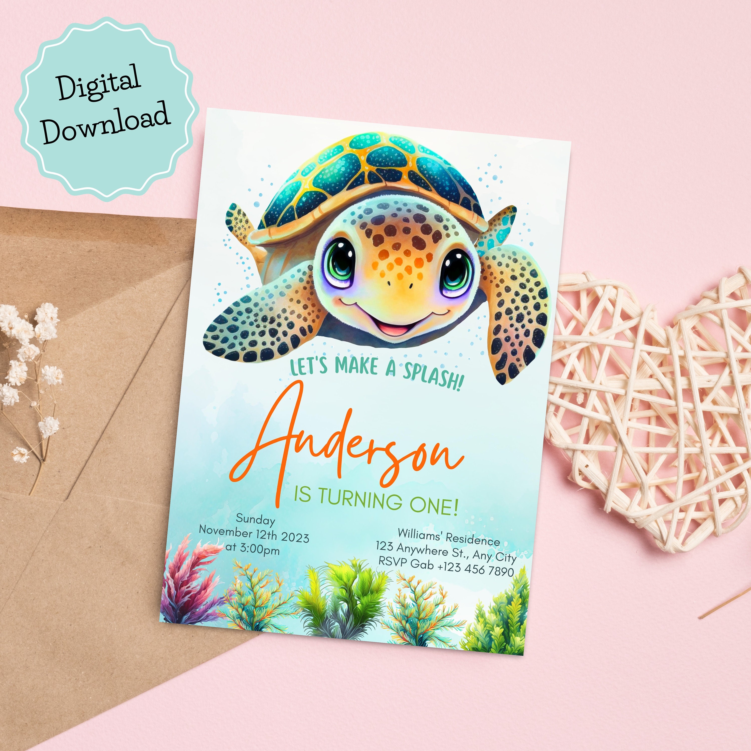 Printable Turtle Invitation, Watercolor Turtle Birthday Invite, Turtle ...