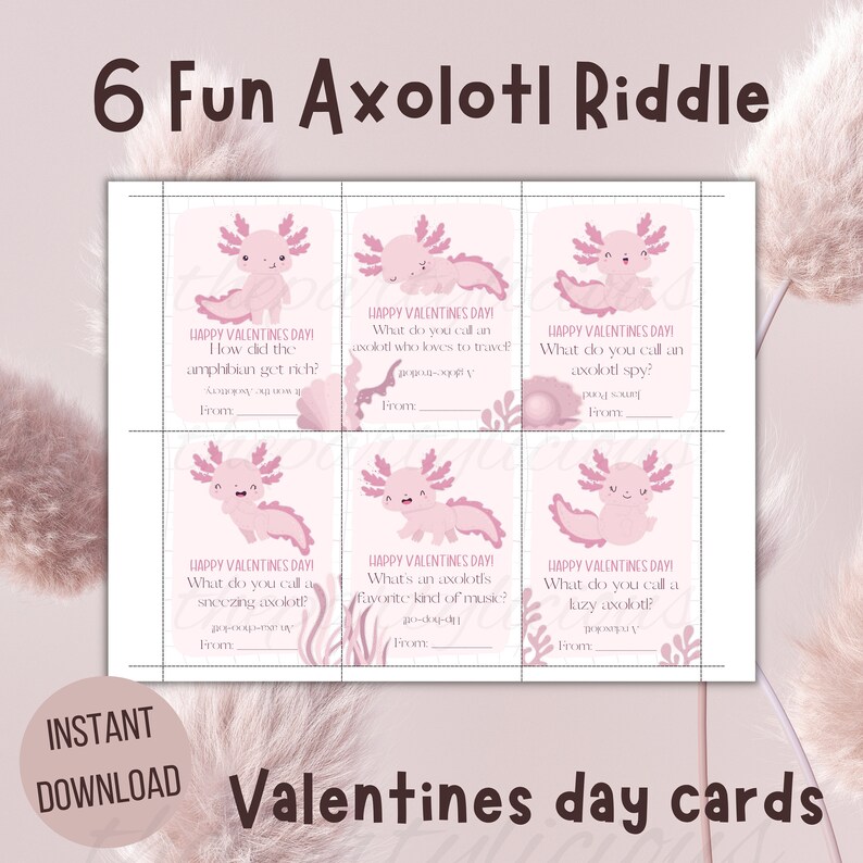 Printable Fun Pink Riddle Axolotl Valentine's Day Cards, School ...