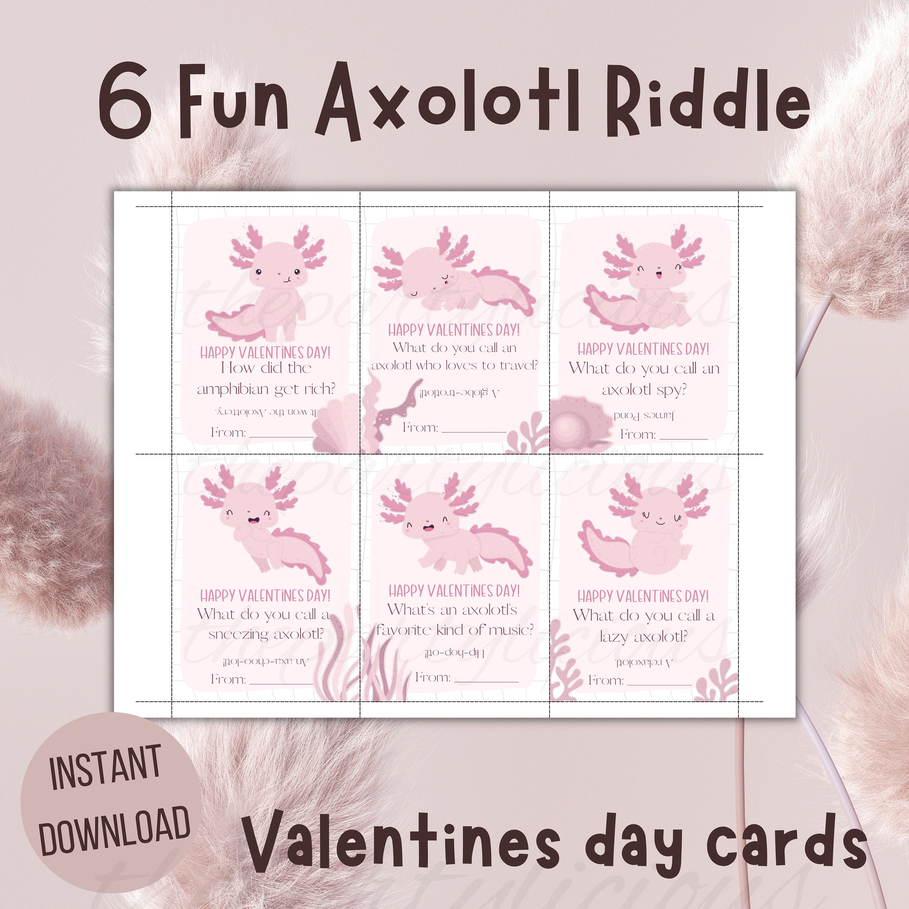Printable Fun Pink Riddle Axolotl Valentine's Day Cards, School ...