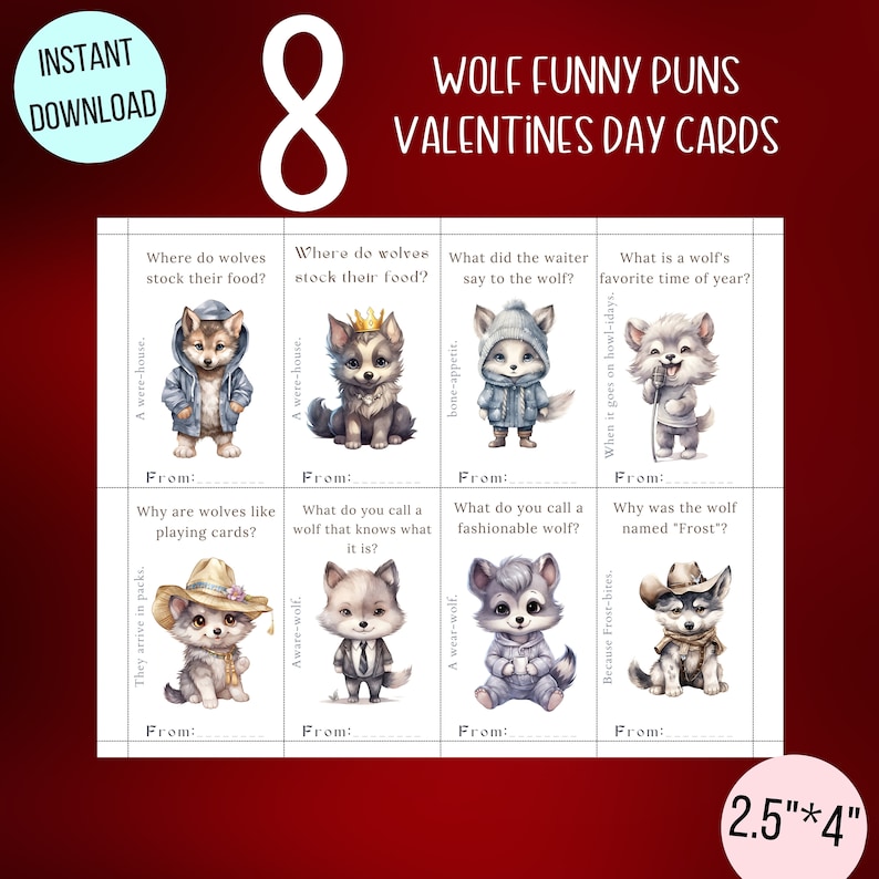 Printable Funny Wild Wolf Valentine's Cards for Kids, Animals Wolf ...
