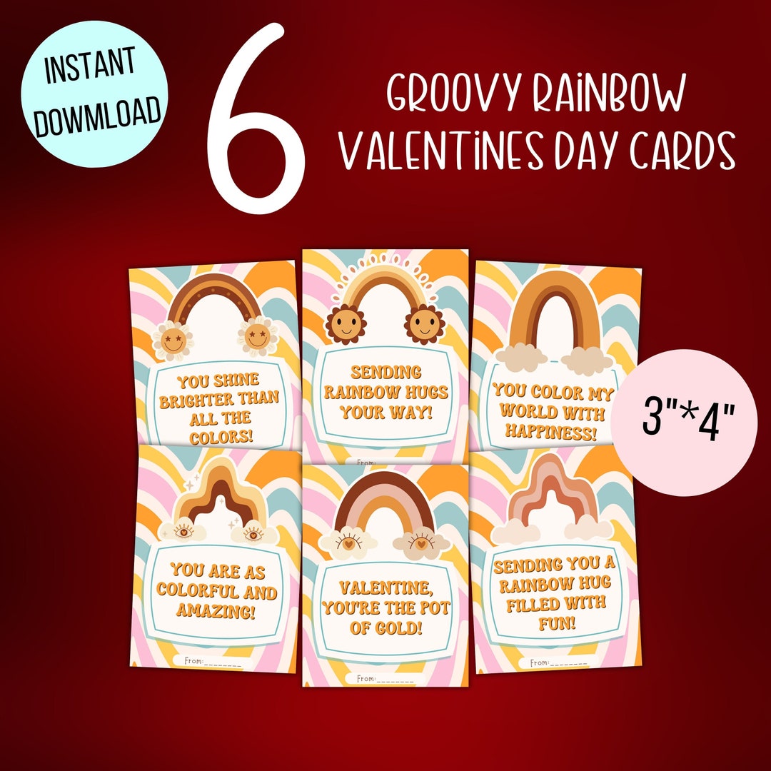 Printable Kids Groovy Rainbow Valentine's Day Cards for School, Groovy ...