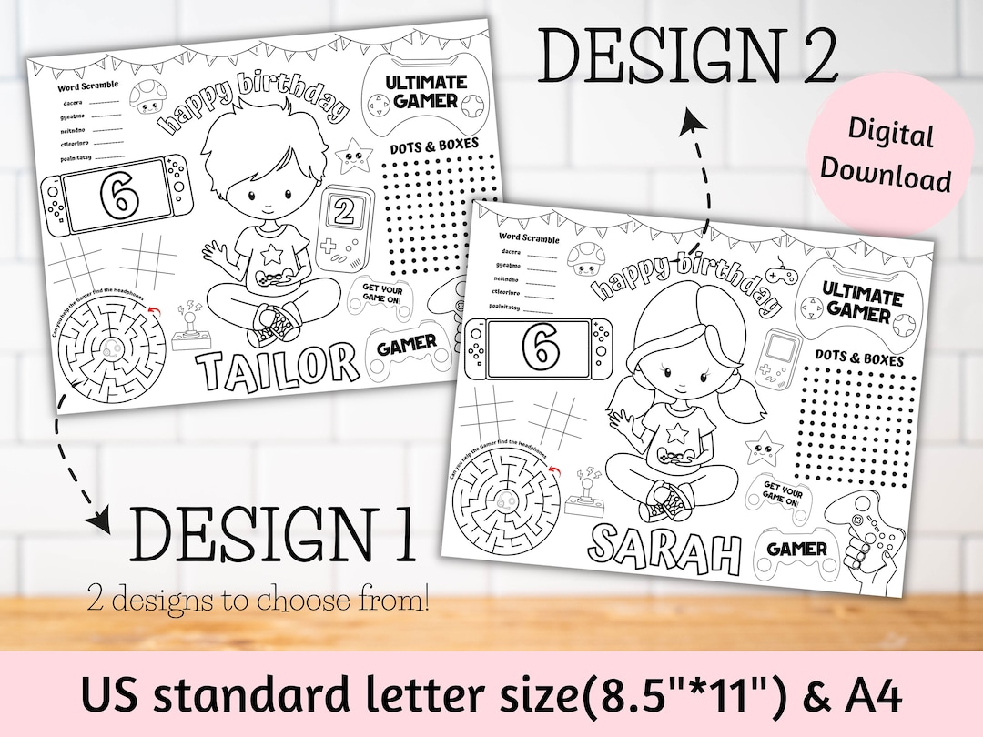 Personalized Video Game Coloring Birthday Placemats Activity Sheet ...
