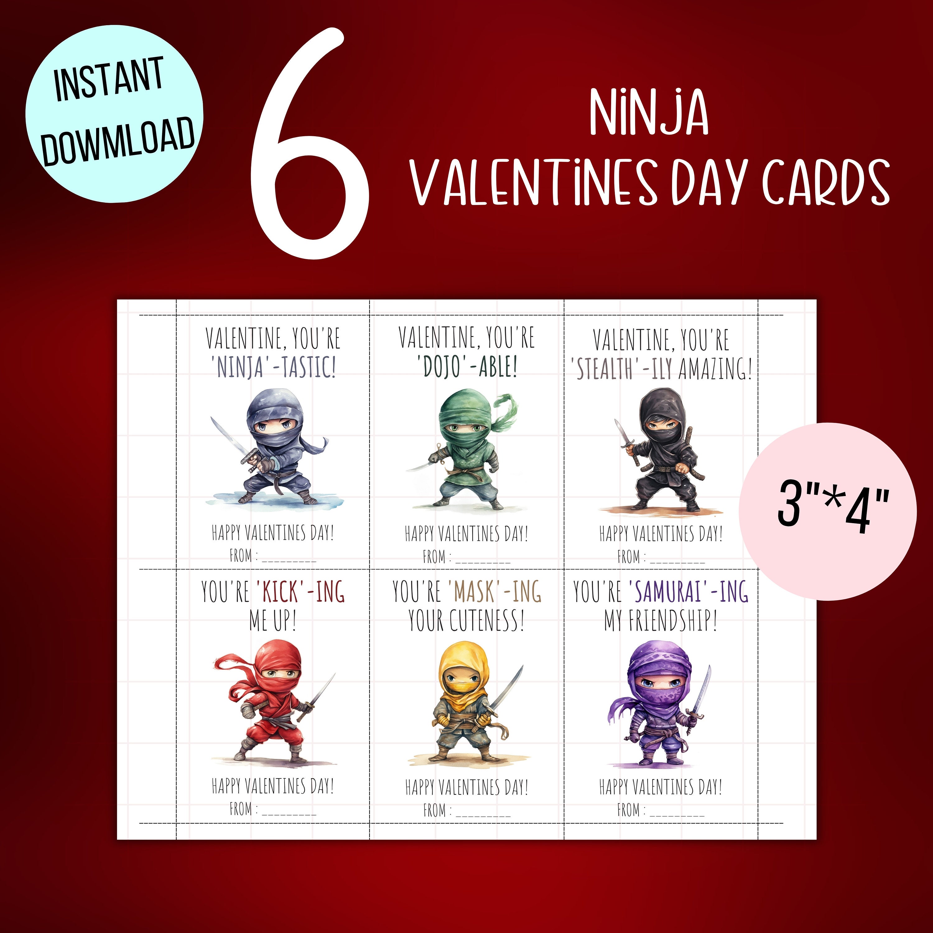 Printable Kids Ninja Valentine's Day Cards for School, Ninja Boys ...