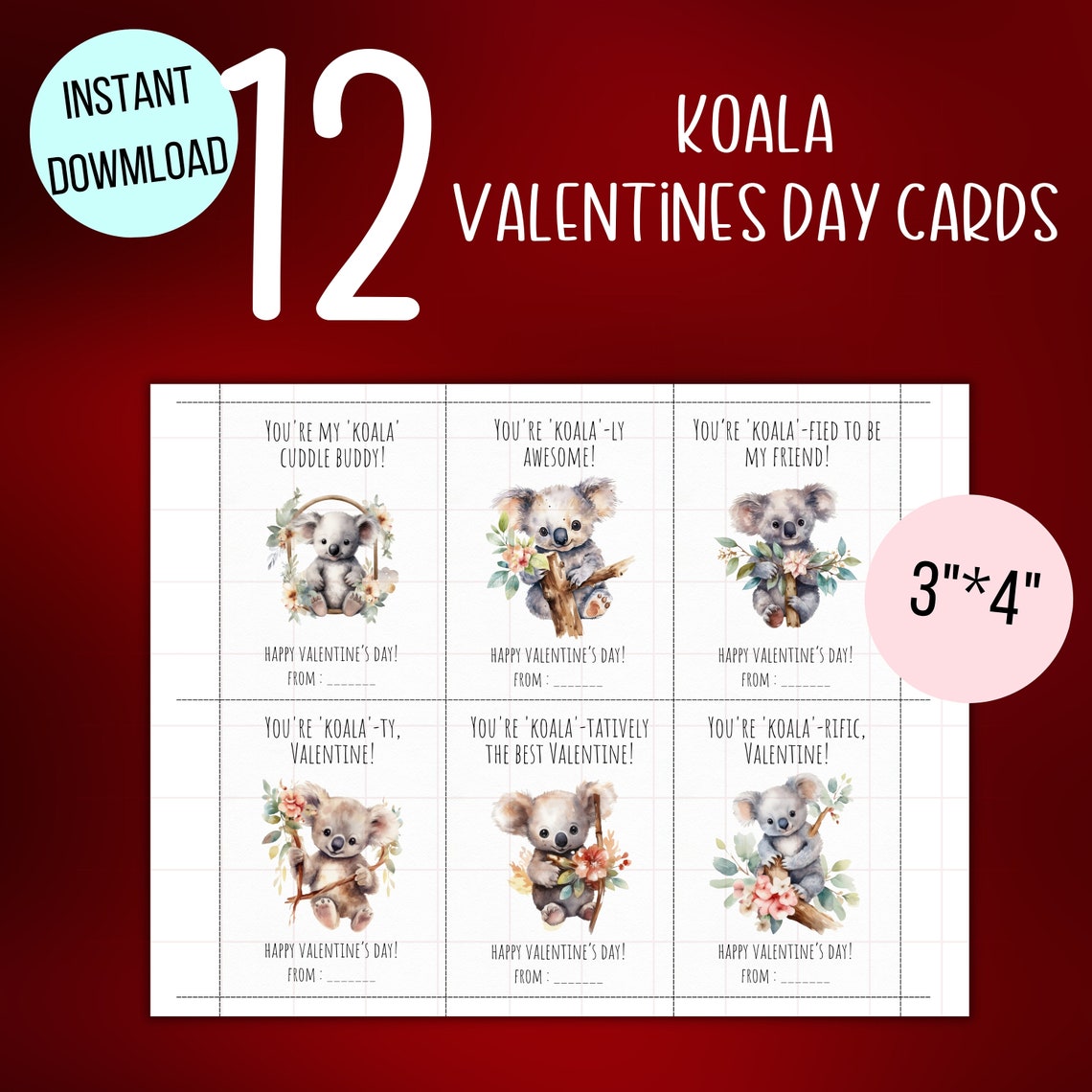 Printable Koala Valentine's Day Cards, Kids Classroom School Valentines ...