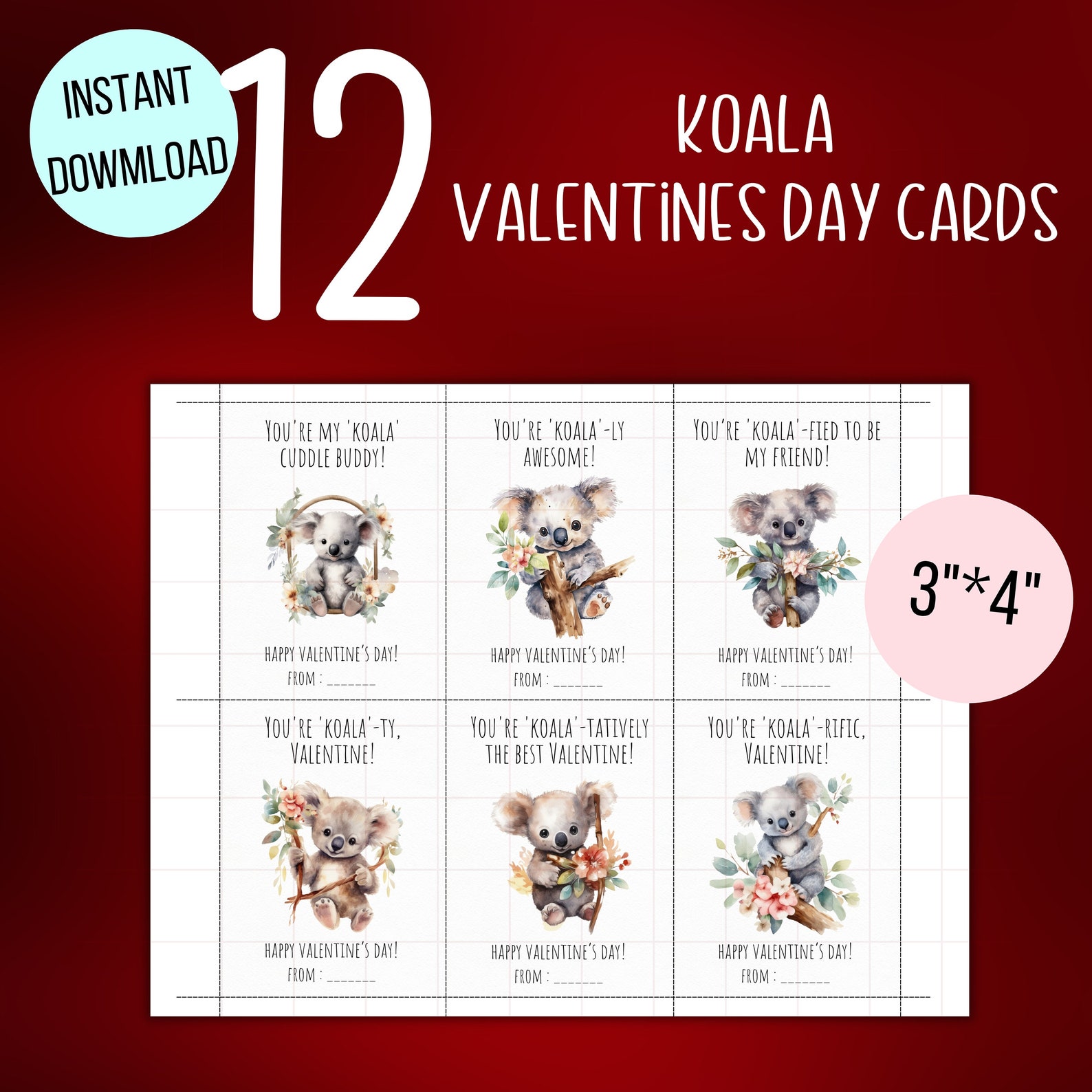 Printable Koala Valentine's Day Cards, Kids Classroom School Valentines ...