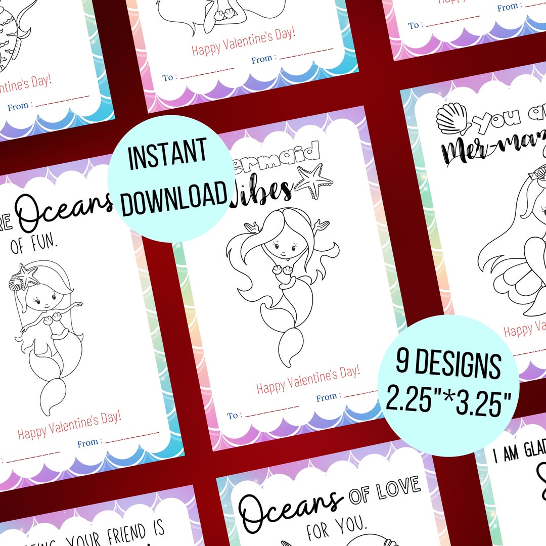 Printable Mermaid Valentine's Day Cards, Mermaid Coloring Classroom ...