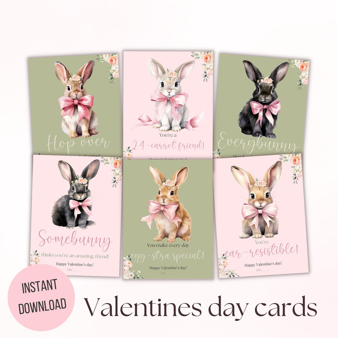 Printable Rabbit Valentines Cards for Kids, Bunny Pink Girly Kids ...