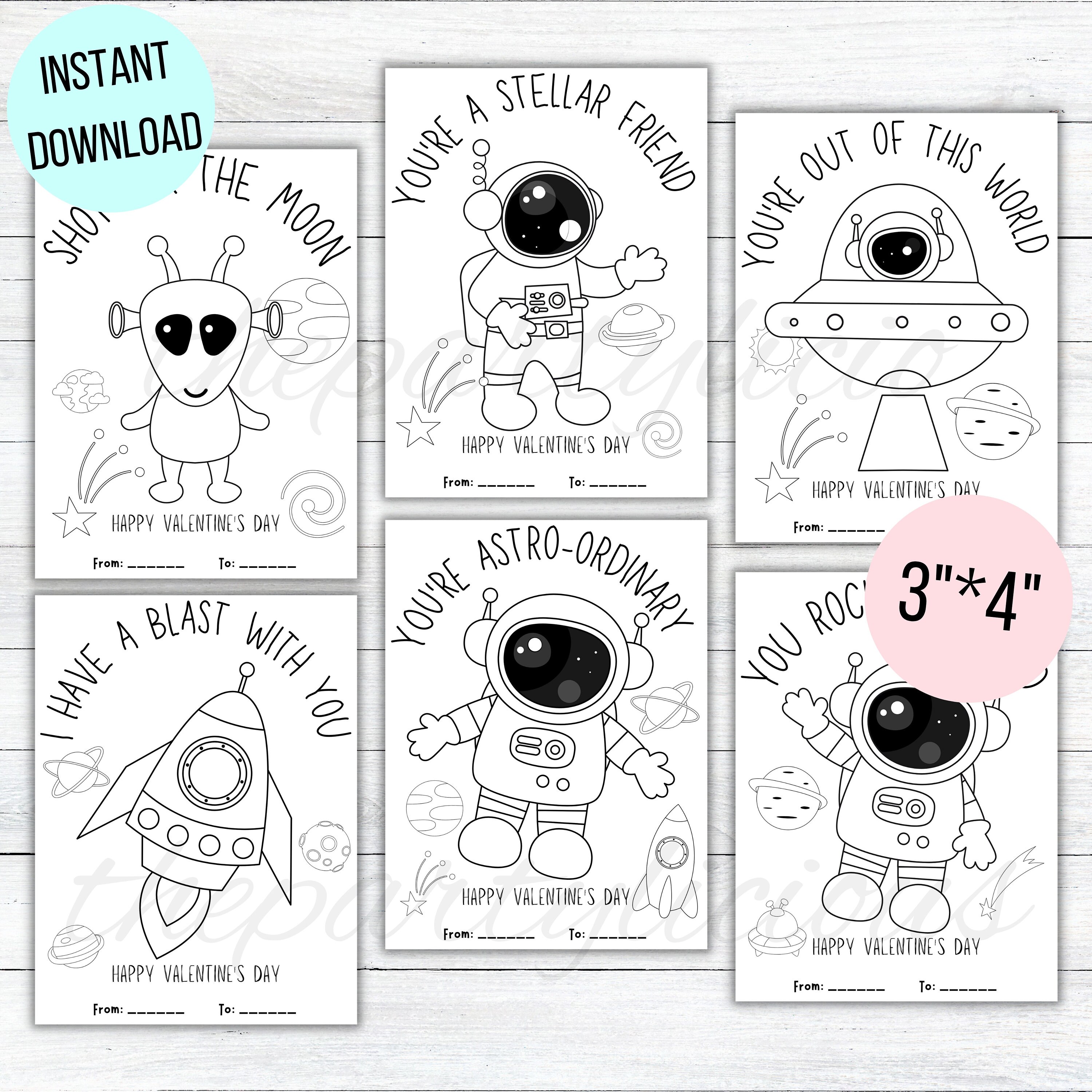 Printable Outer Space Coloring Valentine's Day Cards for School, Space ...