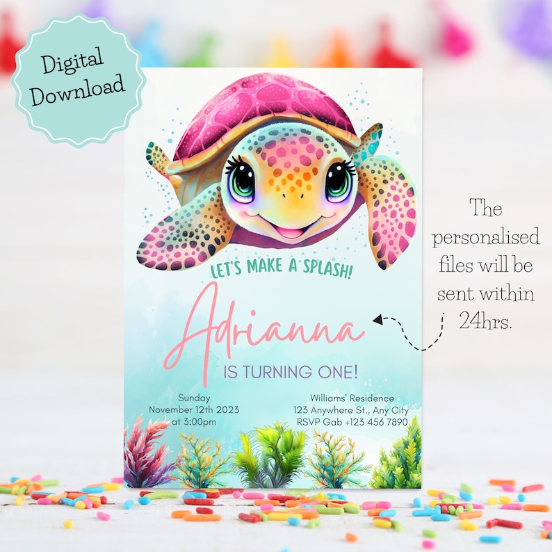 Printable Turtle Invitation, Watercolor Turtle Birthday Invite, Turtle ...