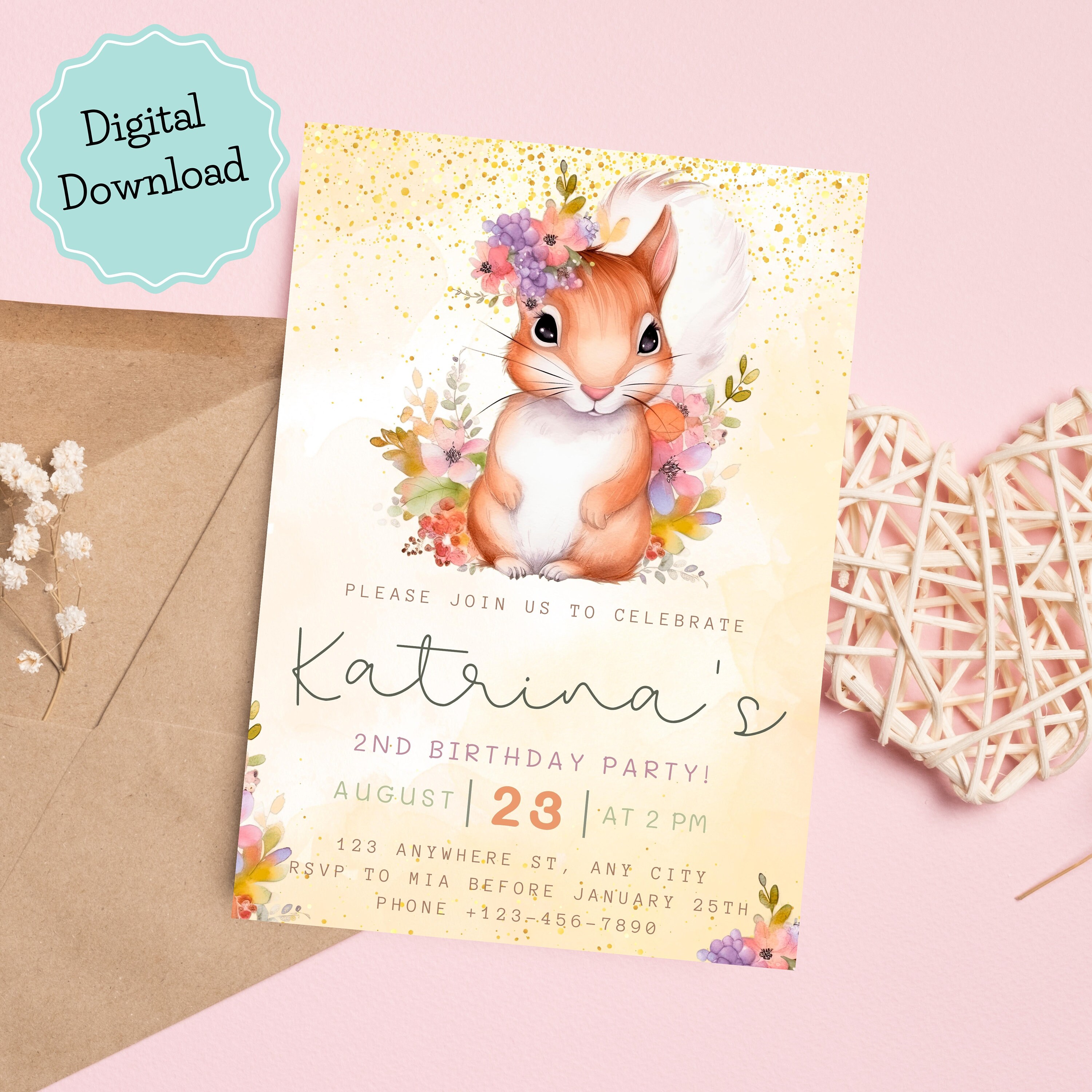 Printable Woodland Squirrel Birthday Party Invitation Invite ...