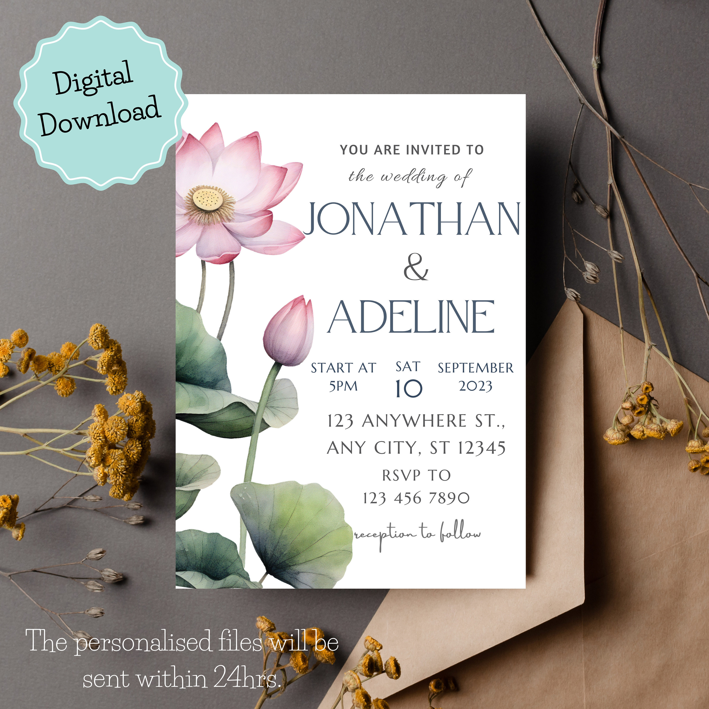 Lotus Flower Wedding Invitation Floral Garden Flower Wedding - Etsy