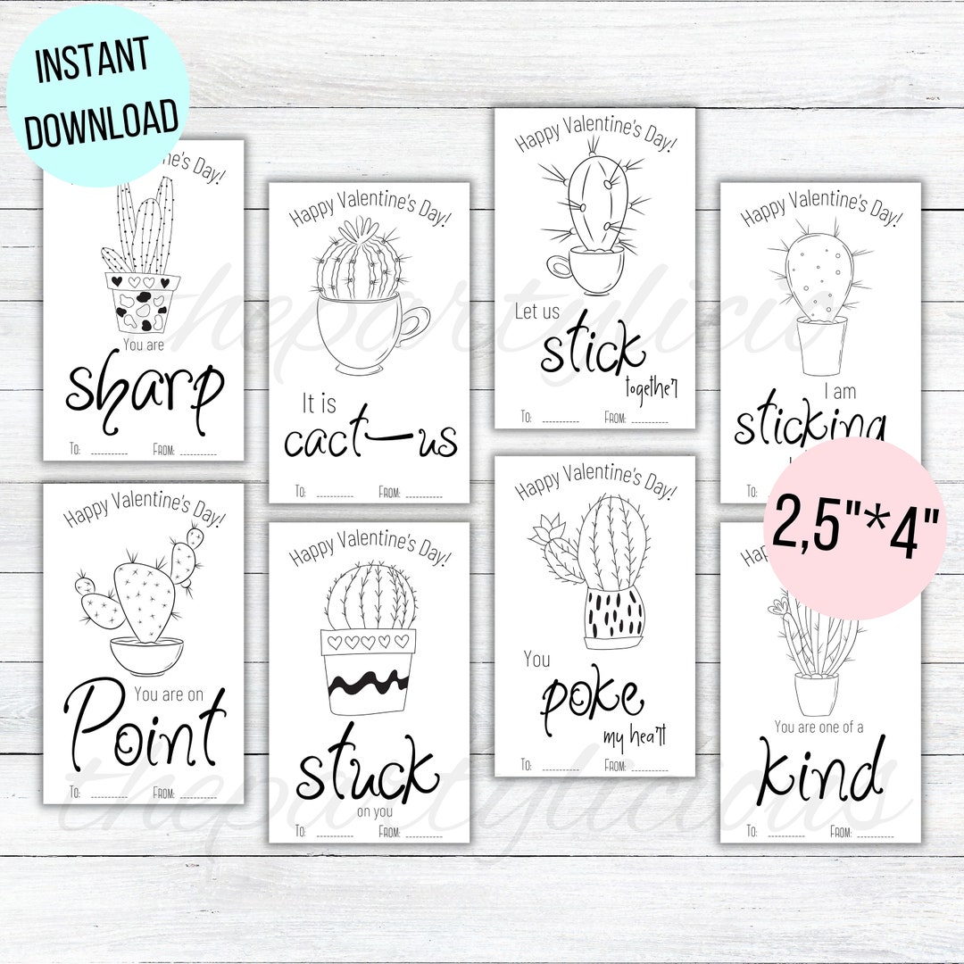 Printable Cactus Coloring Valentine's Day Cards, Cute Cactus School ...