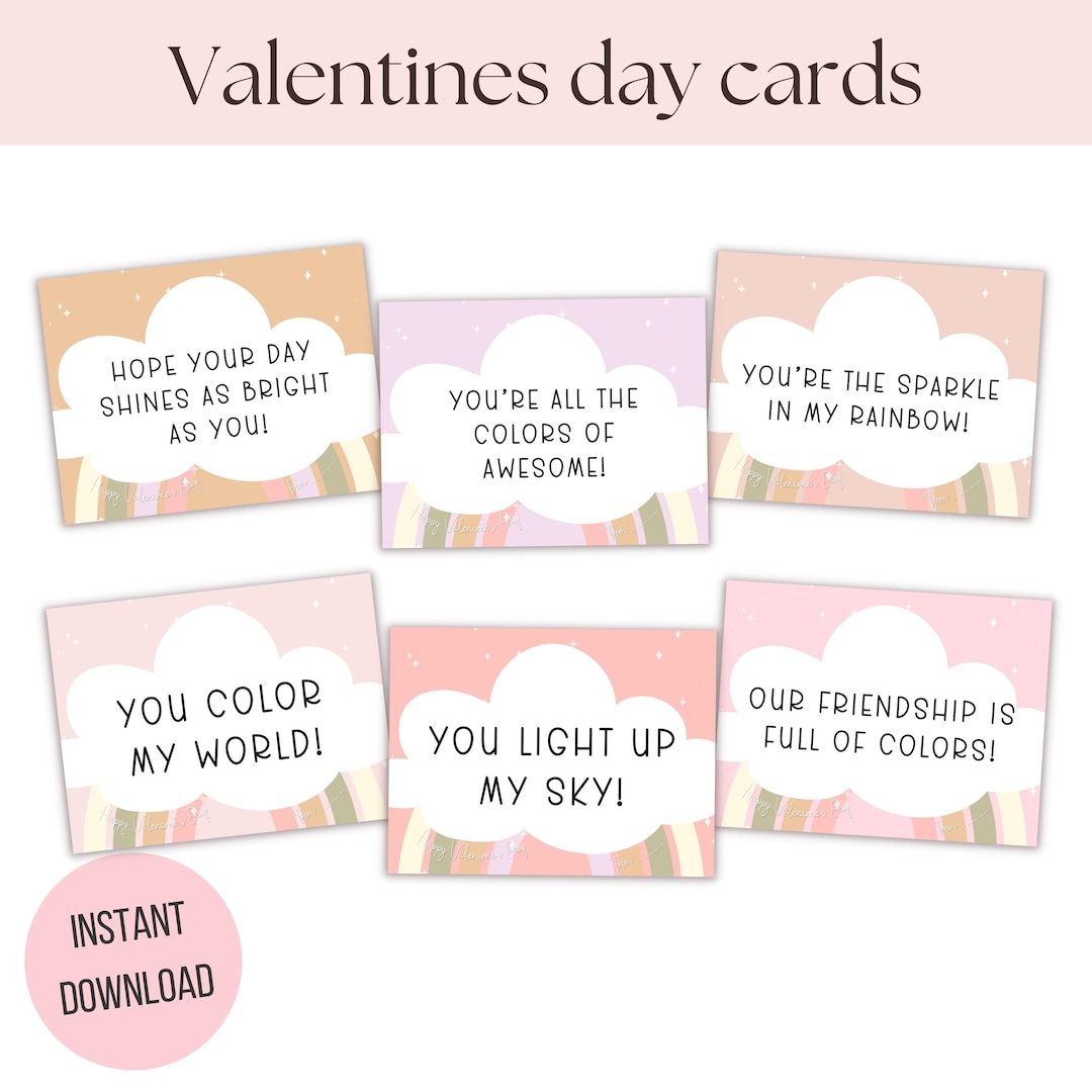 Printable Rainbow Valentine's Day Cards, School Classroom Cute Pastel ...