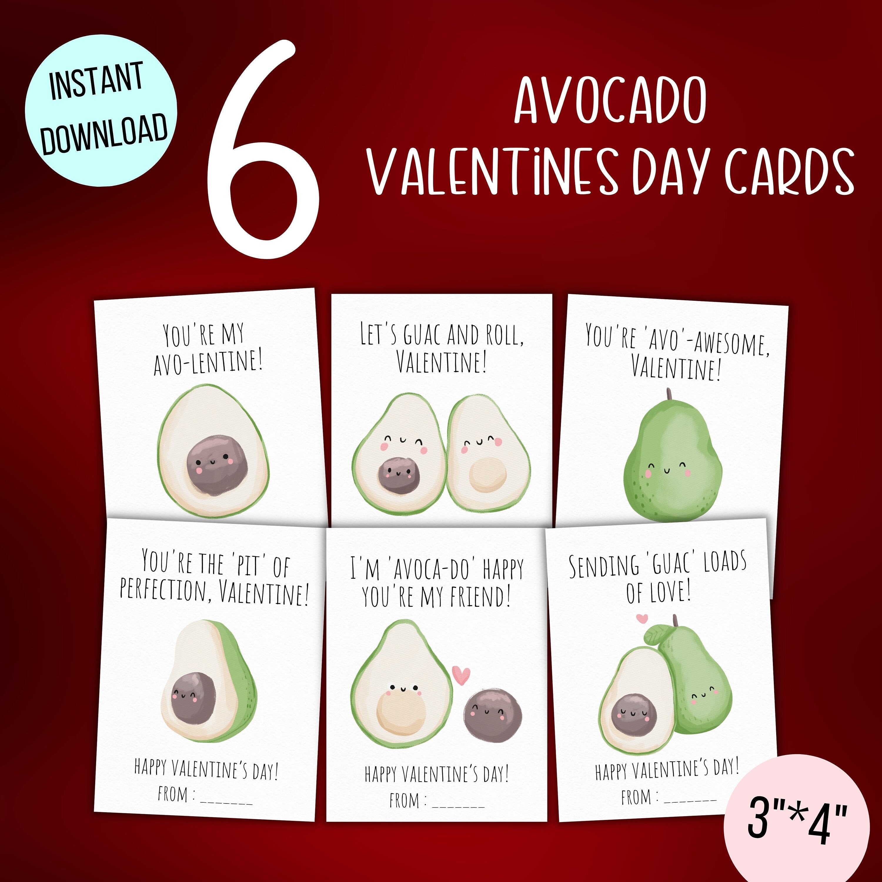 Printable Avocado Valentines Cards for Kids, Kawaii Watercolor Avocado ...