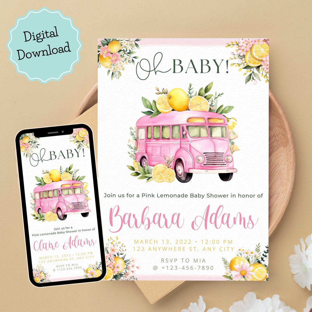 Pink Lemonade Baby Shower Invitation, Watercolor Pink Floral Lemonade ...