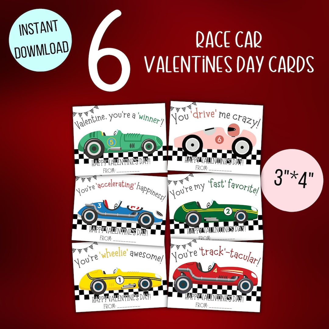 Printable Race Car Valentine's Cards, Cute Vintage Race Car Valentines ...