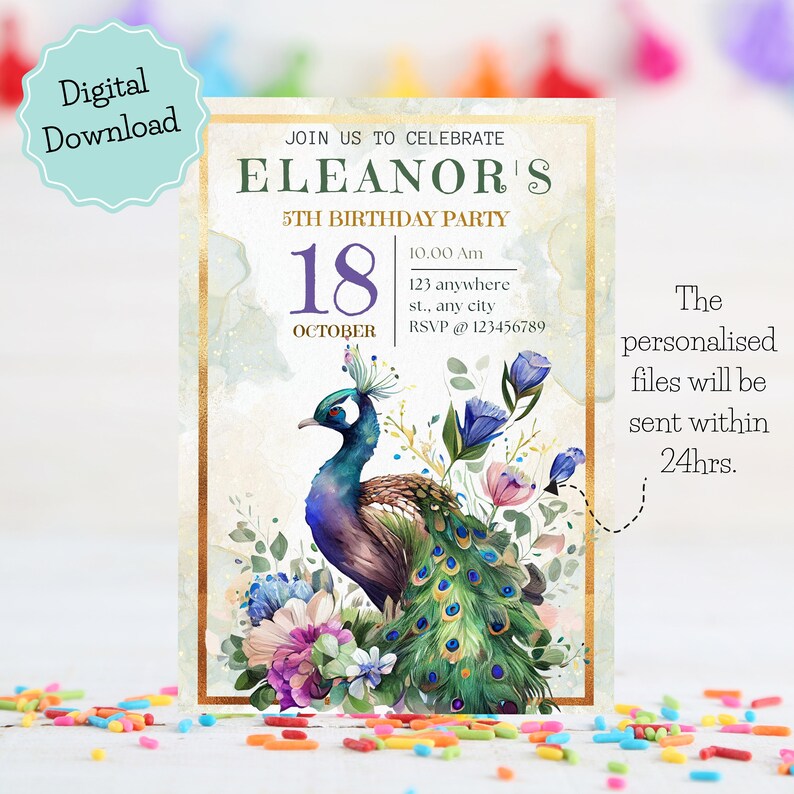 Printable Peacock Invitation, Watercolor Bird Peacock Birthday Invite ...