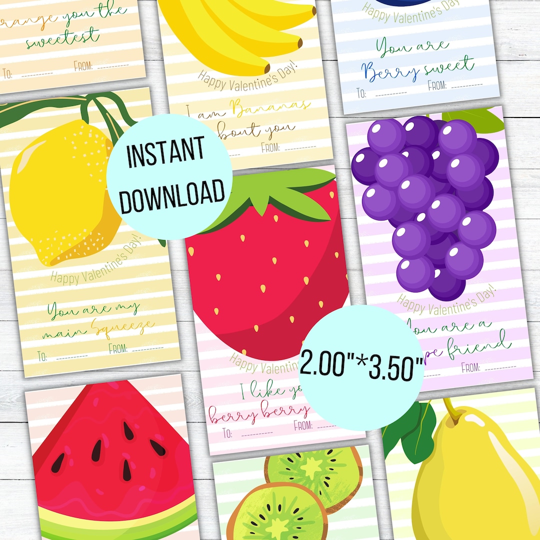 Printable Cute Fruit Valentine's Day Cards, Fruits School Classroom ...