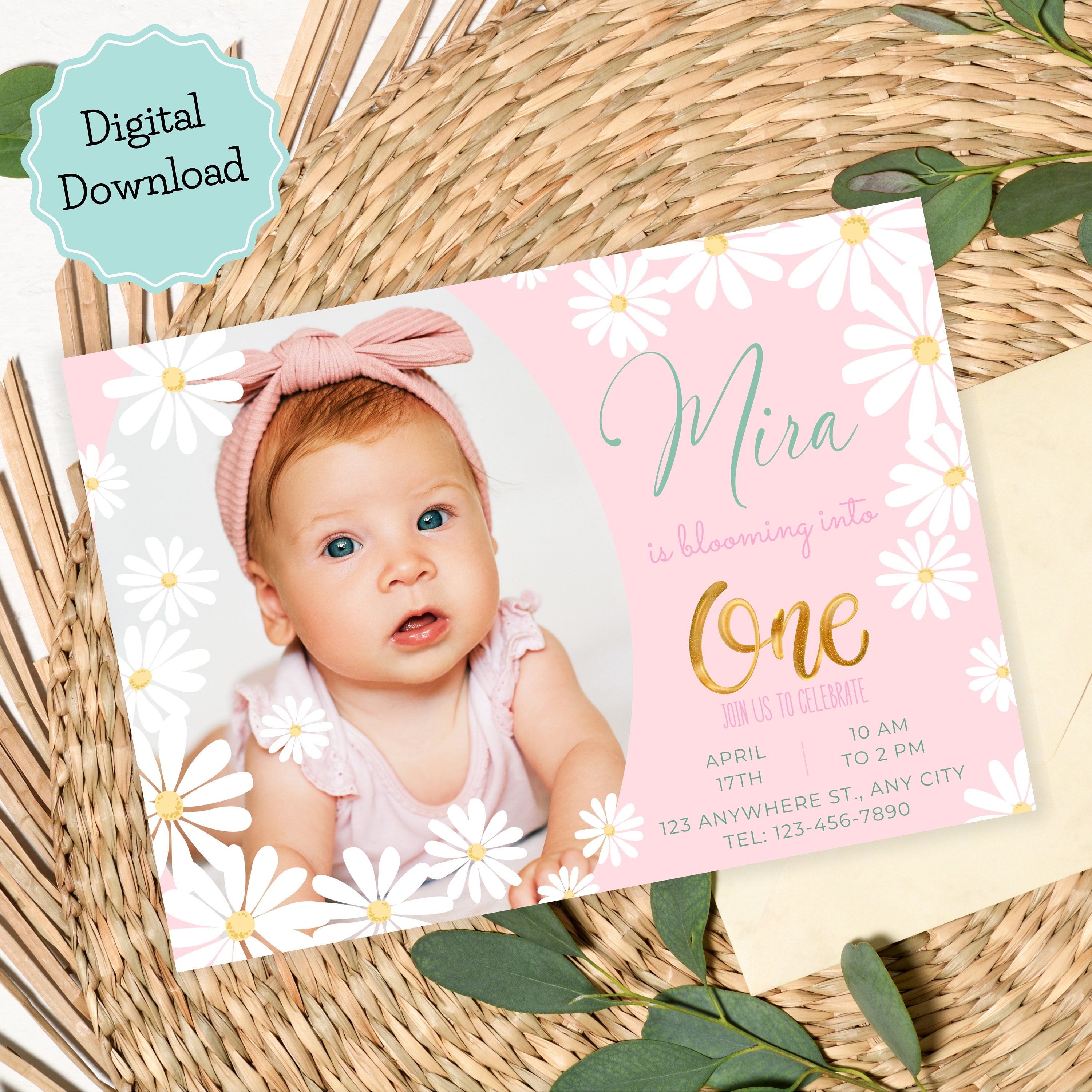 Daisy First Birthday Invitation, Wild One Floral Daisy Birthday Invite ...