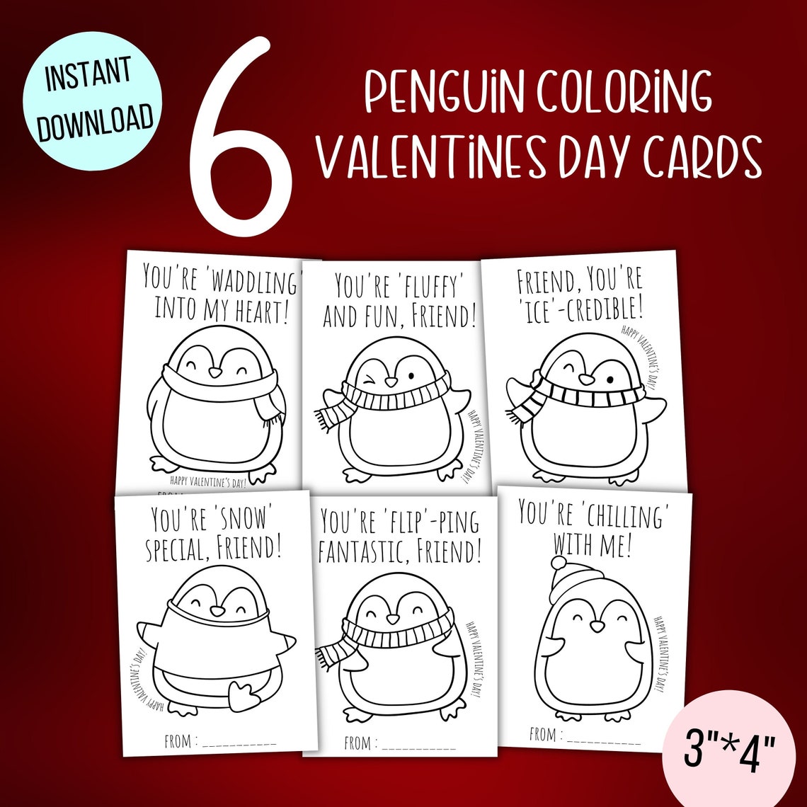 Printable Penguin Coloring Valentines Cards for Kids, Penguin Kids ...