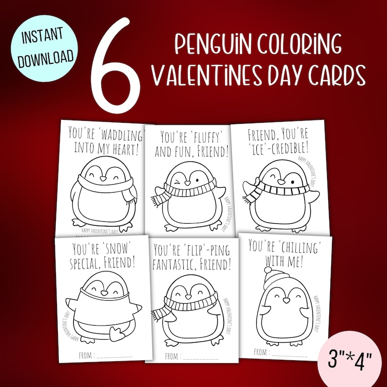 Printable Penguin Coloring Valentines Cards for Kids, Penguin Kids ...