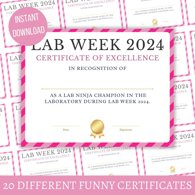 Printable Lab Week Certificate of Excellence, Laboratory Week 2024 Funny Tittles, Happy Lab Week ...