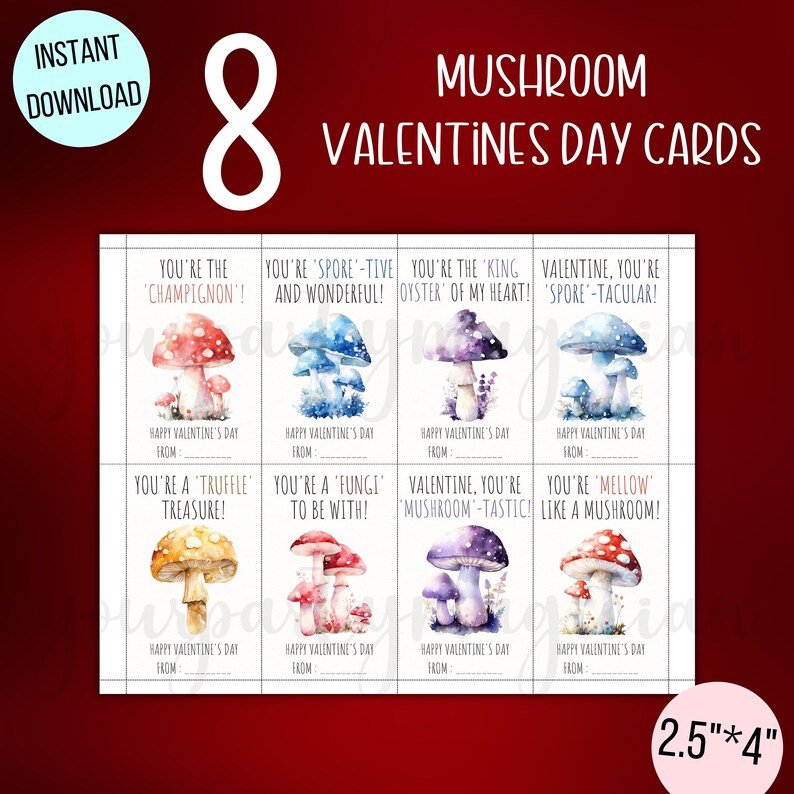 Printable Mushrooms Valentine's Day Cards, School Classroom Valentine ...