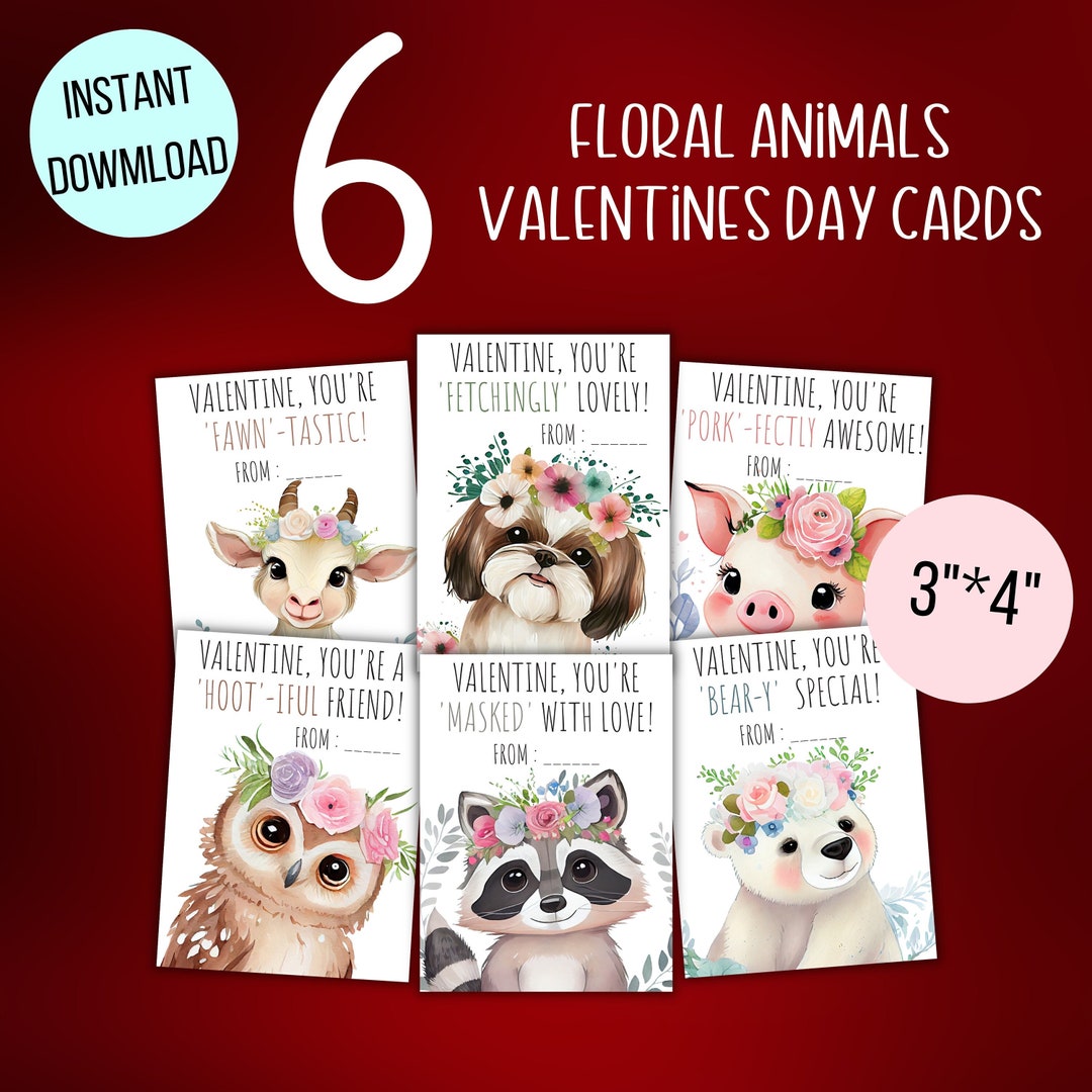 Printable Cute Animals Valentine's Cards, Floral Animals Kids ...
