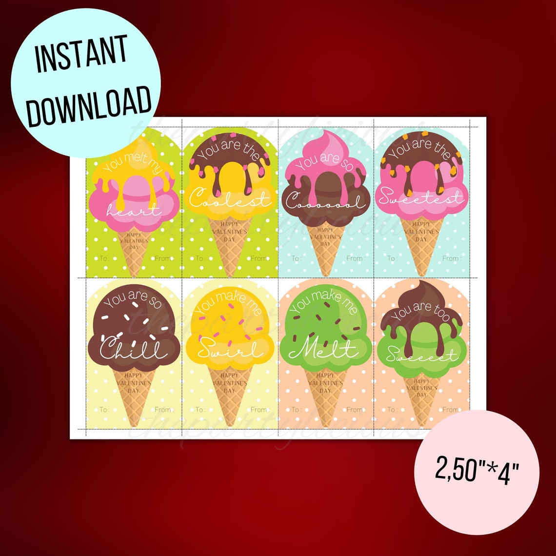 Printable Ice Cream Kids Valentines Day Cards for School, Icecream ...
