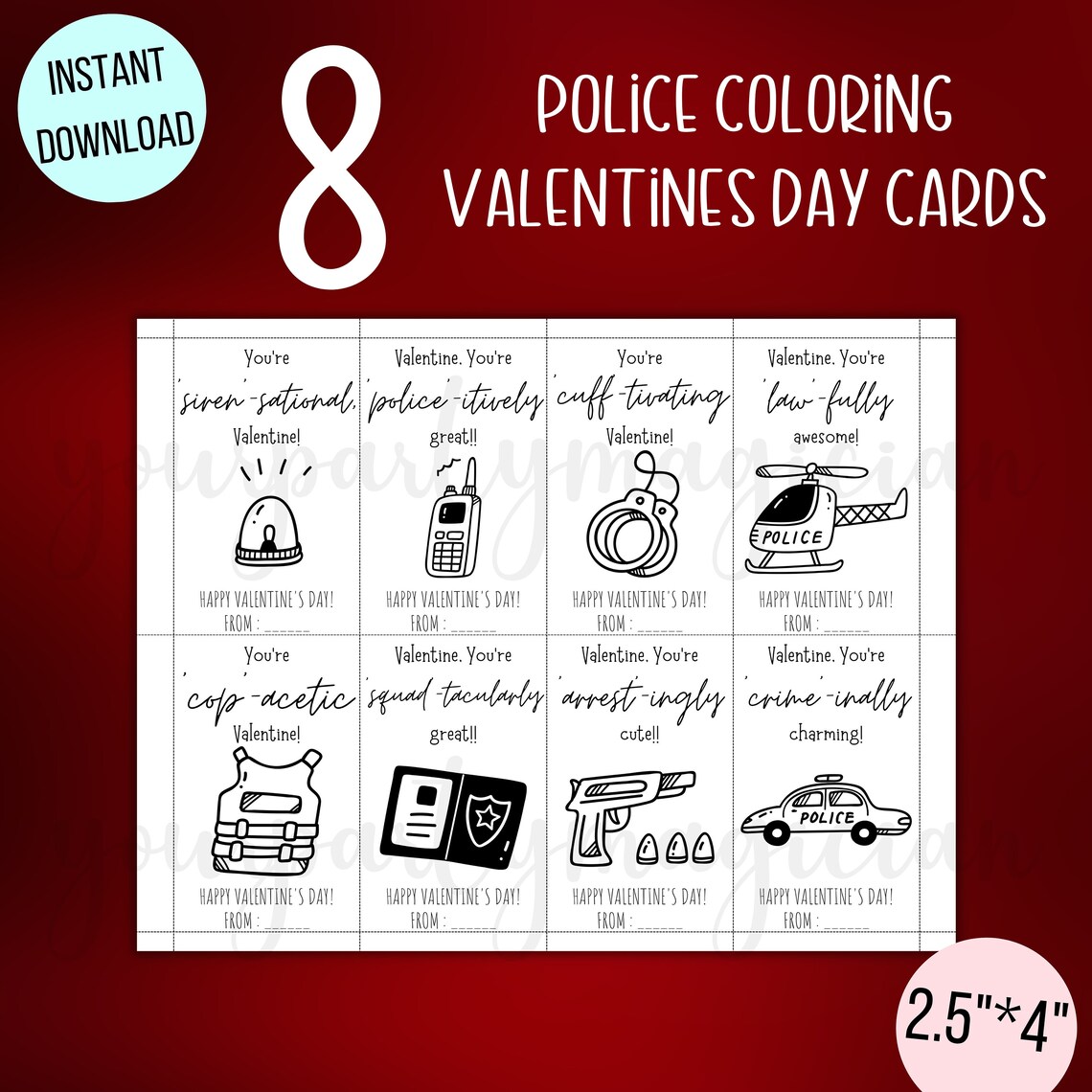 Printable Kids Police Coloring Valentine's Cards, Police Coloring ...