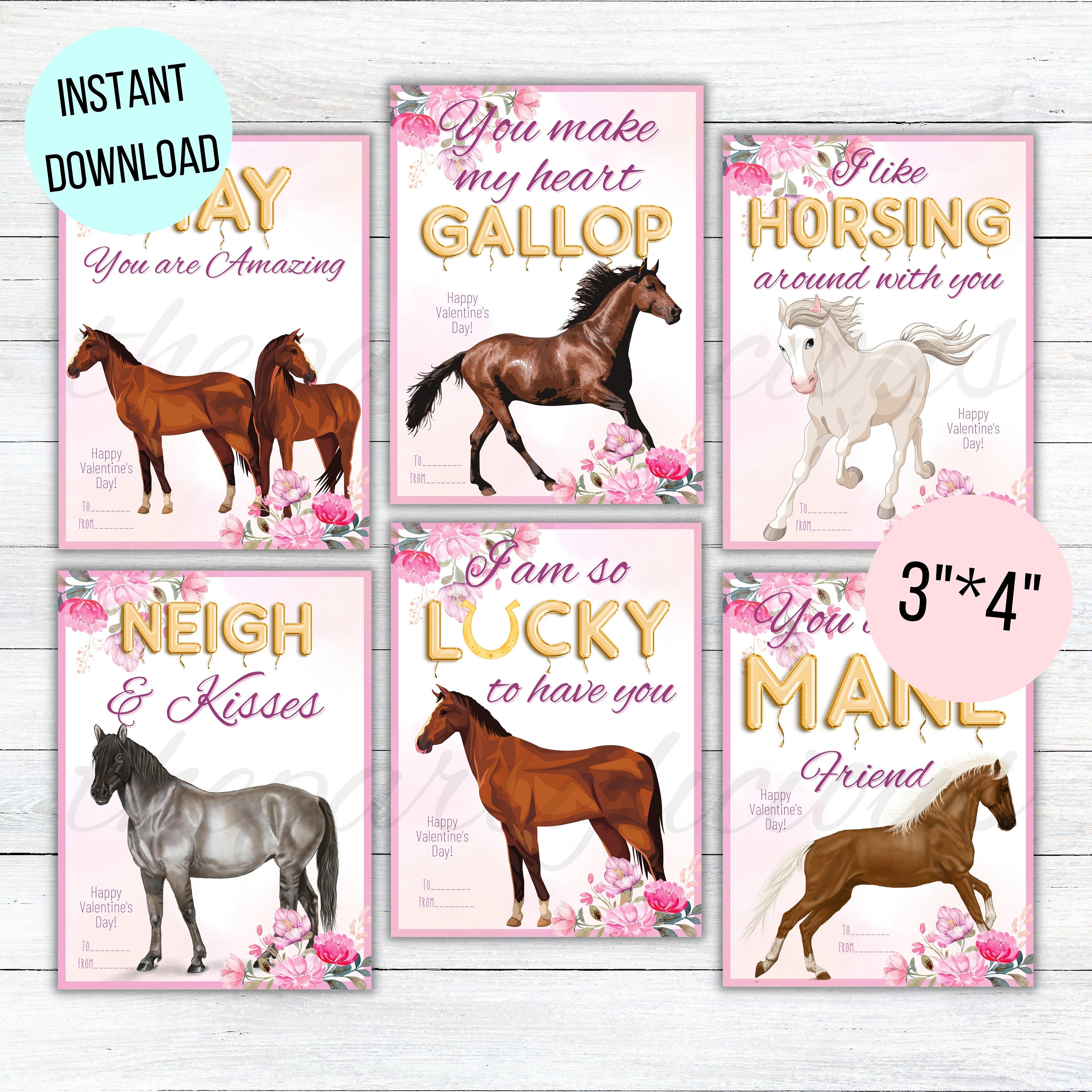 Printable Horse Kids Valentine Cards for School, Cute Horse Valentine's ...