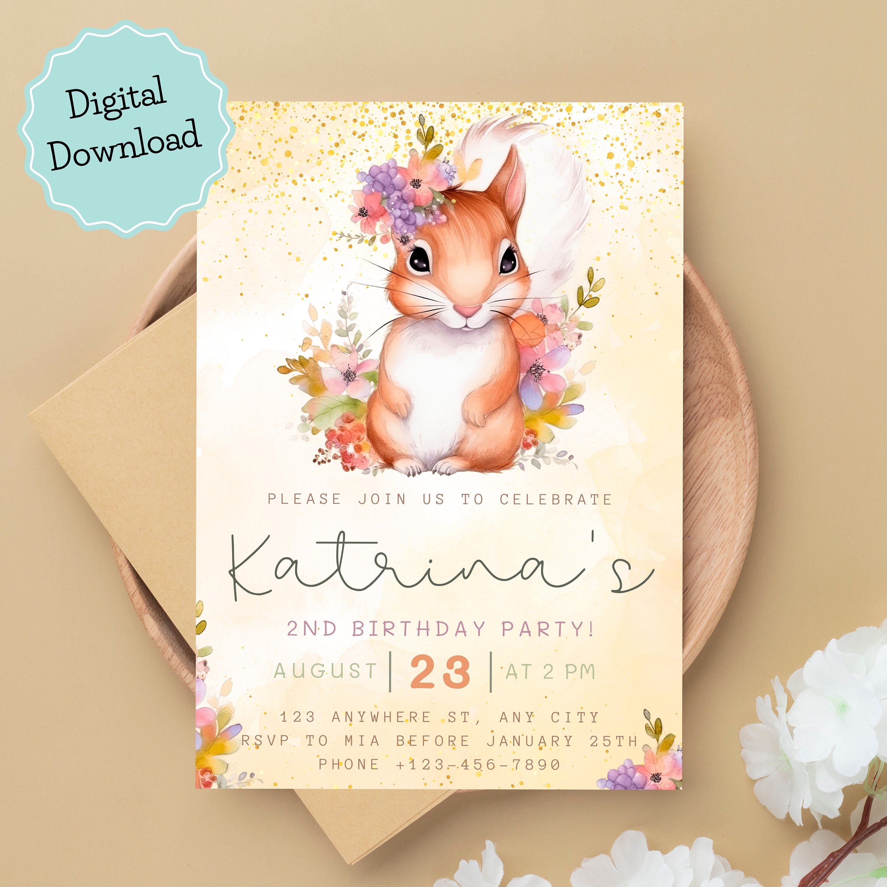 Printable Woodland Squirrel Birthday Party Invitation Invite ...