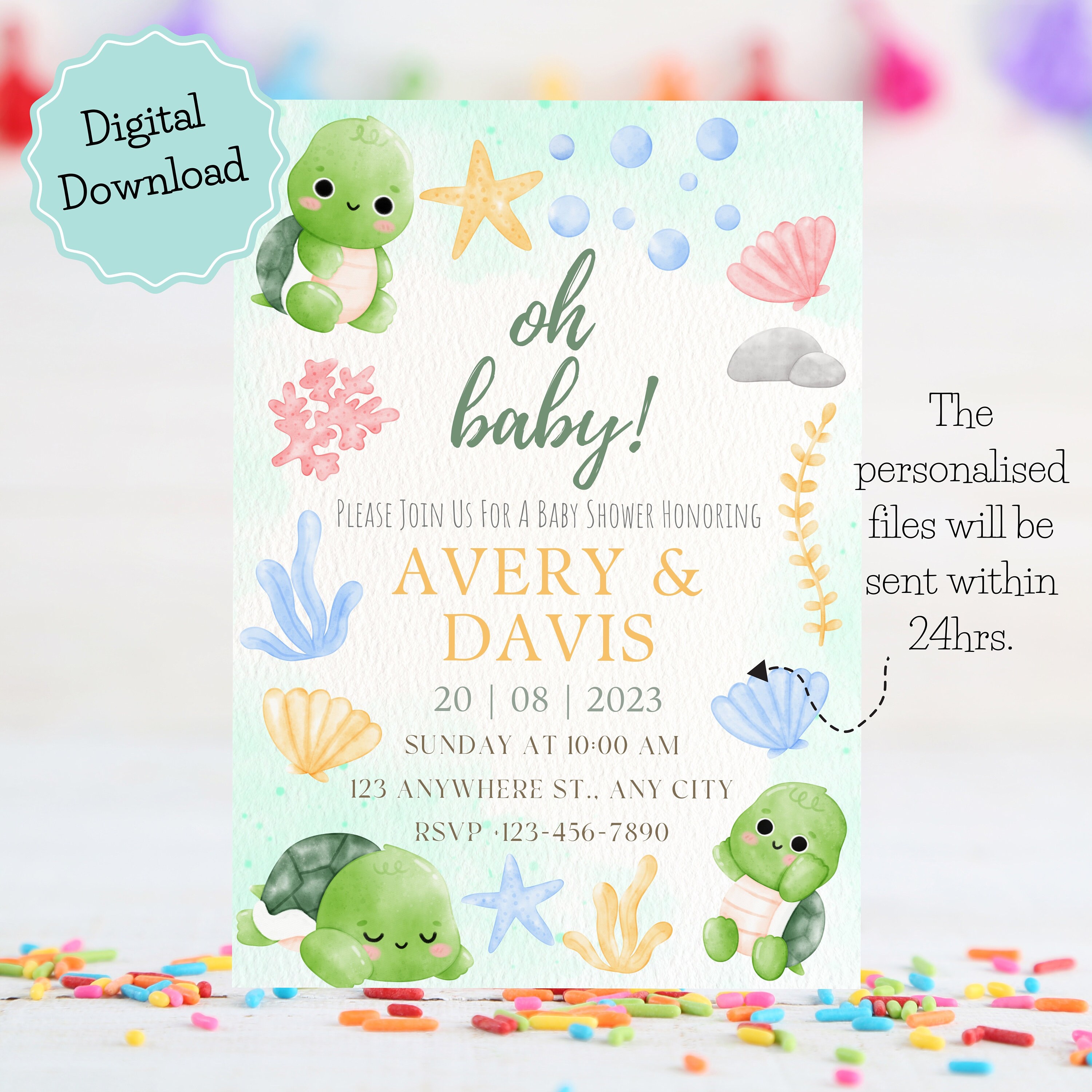 Printable Ocean Sea Turtle Baby Shower Invitation, Watercolor Sea ...