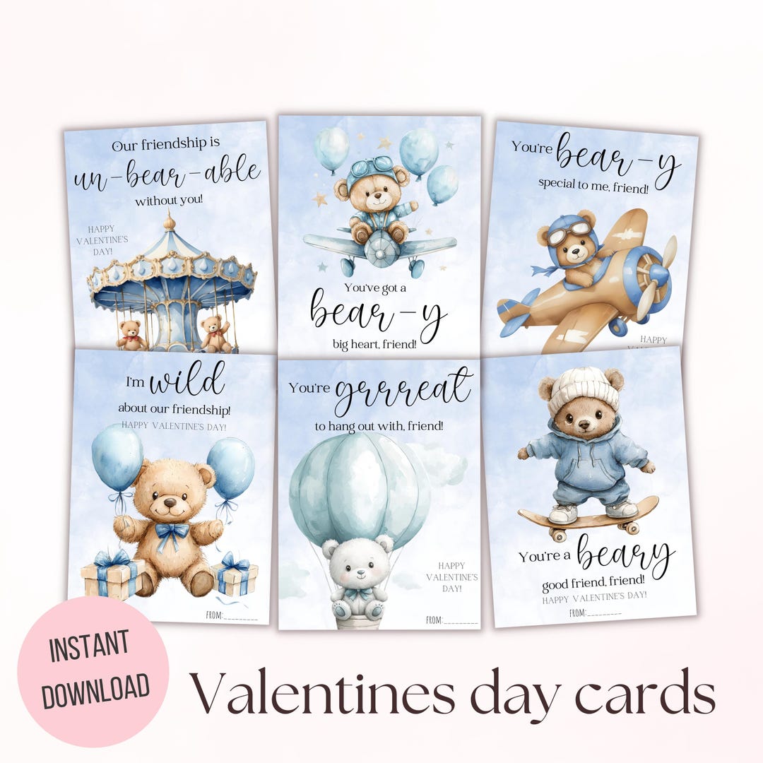 Printable Blue Teddy Bear Valentines Cards for Kids, Cute Teddy Kids ...