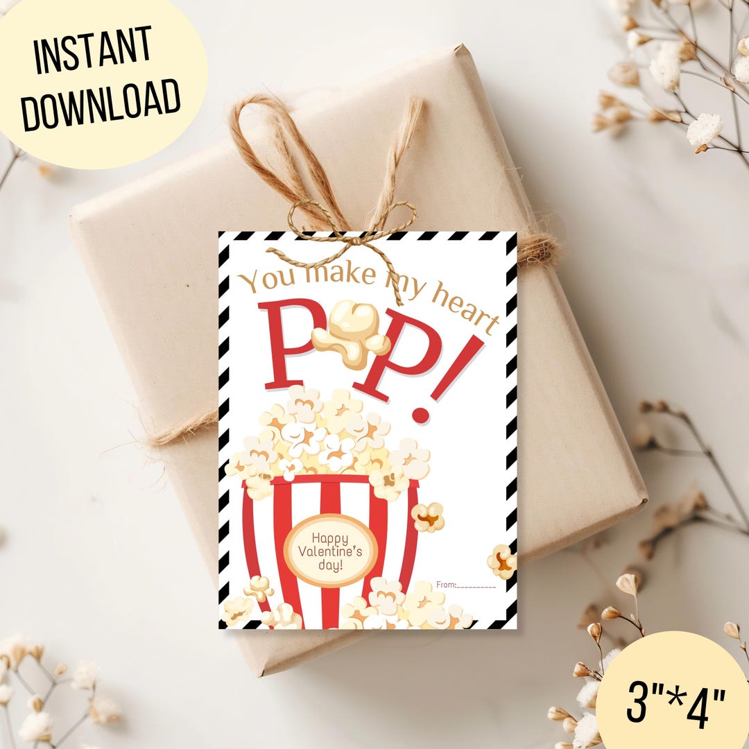 Printable Popcorn Valentines Cards for Kids, Valentine's Day Popcorn ...