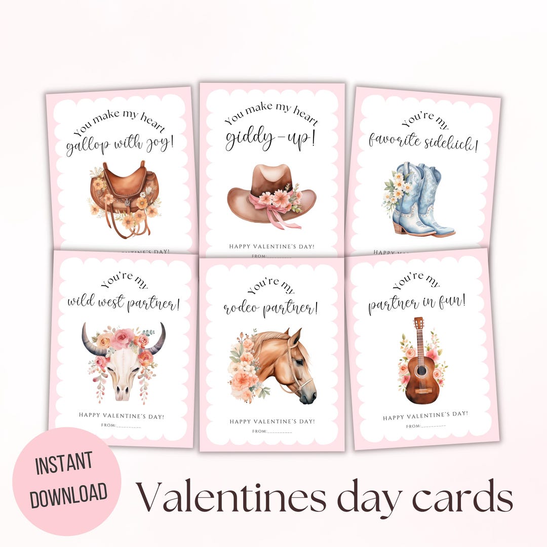 Printable Cowgirl Valentines Cards for Kids, Cowgirl Pink Girly Kids ...