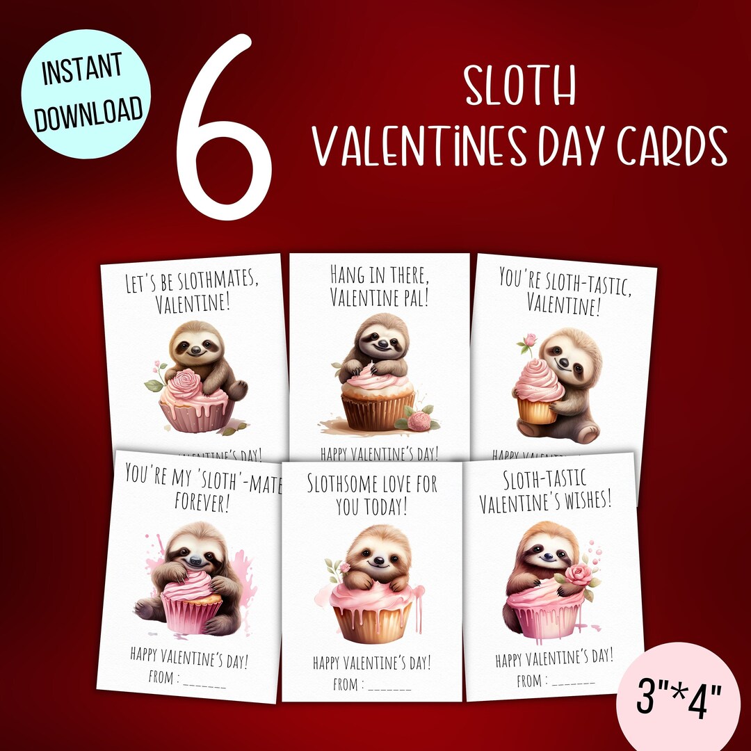 Printable Sloth Valentines Cards for Kids, Cute Sloth Kids Valentines ...