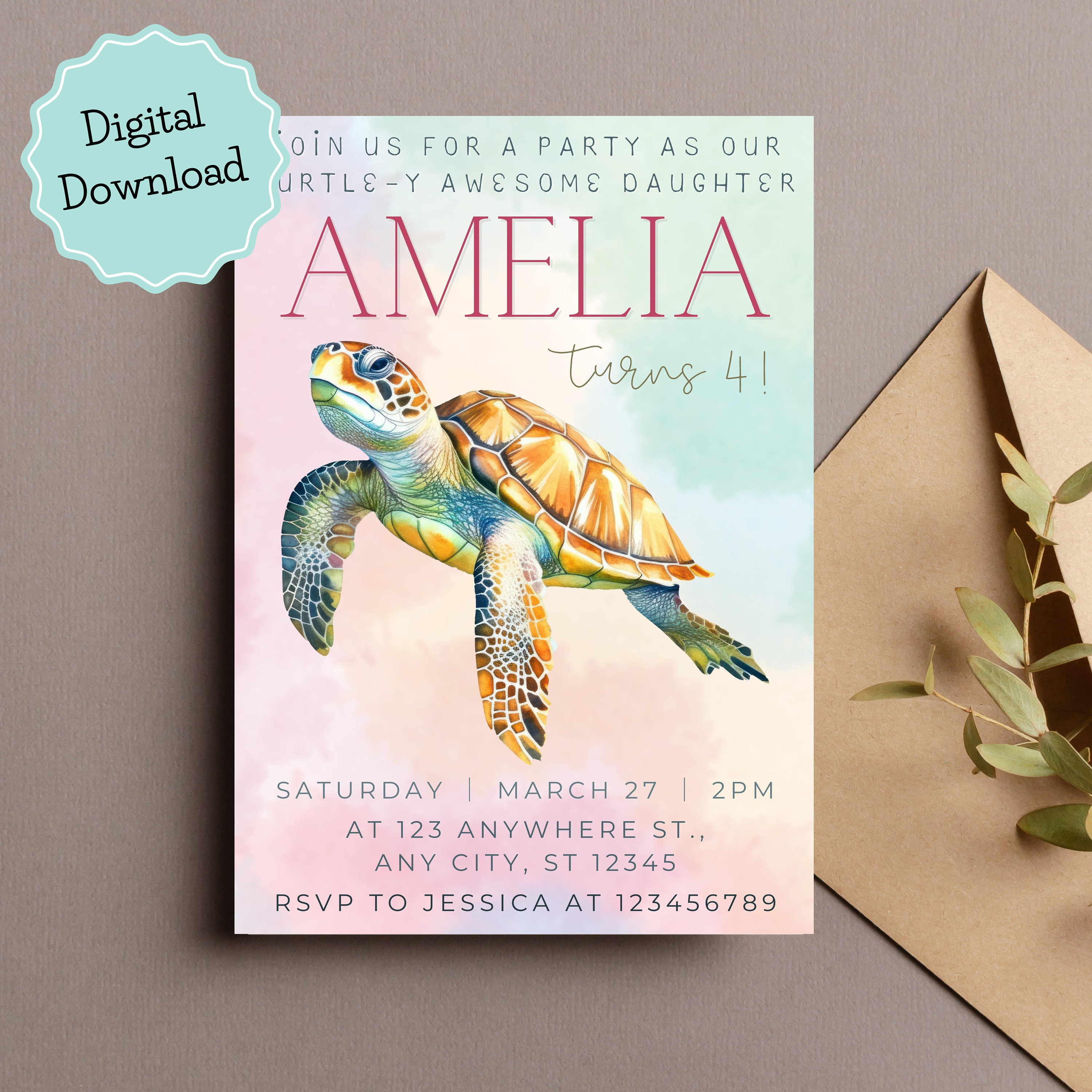 Printable Turtle Invitation Watercolor Turtle Birthday - Etsy