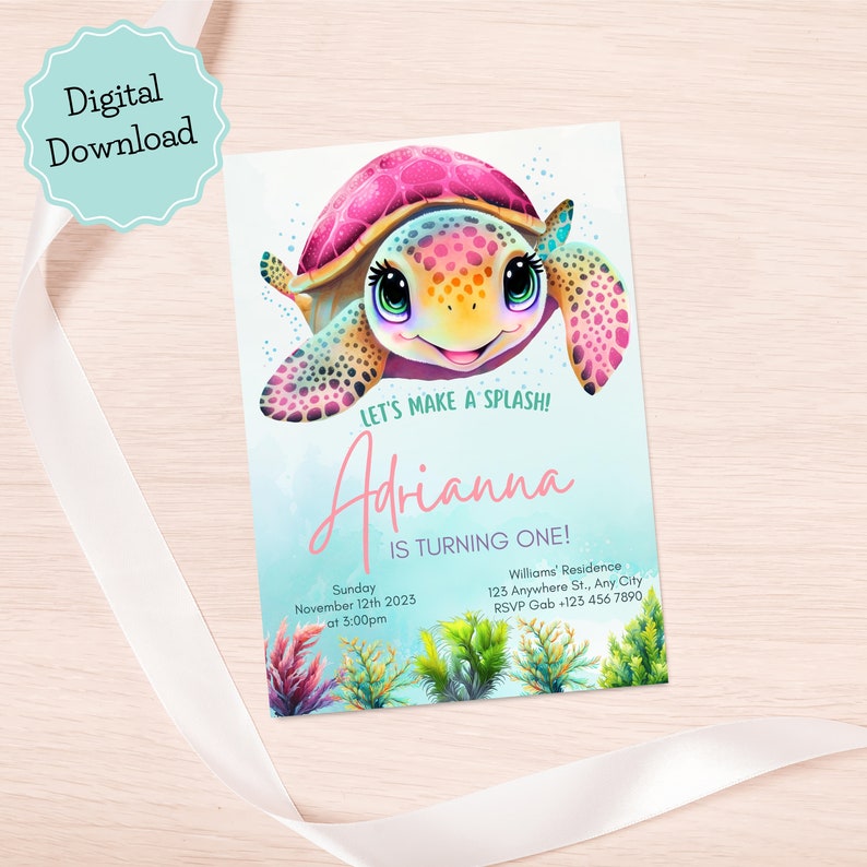 Printable Turtle Invitation, Watercolor Turtle Birthday Invite, Turtle ...