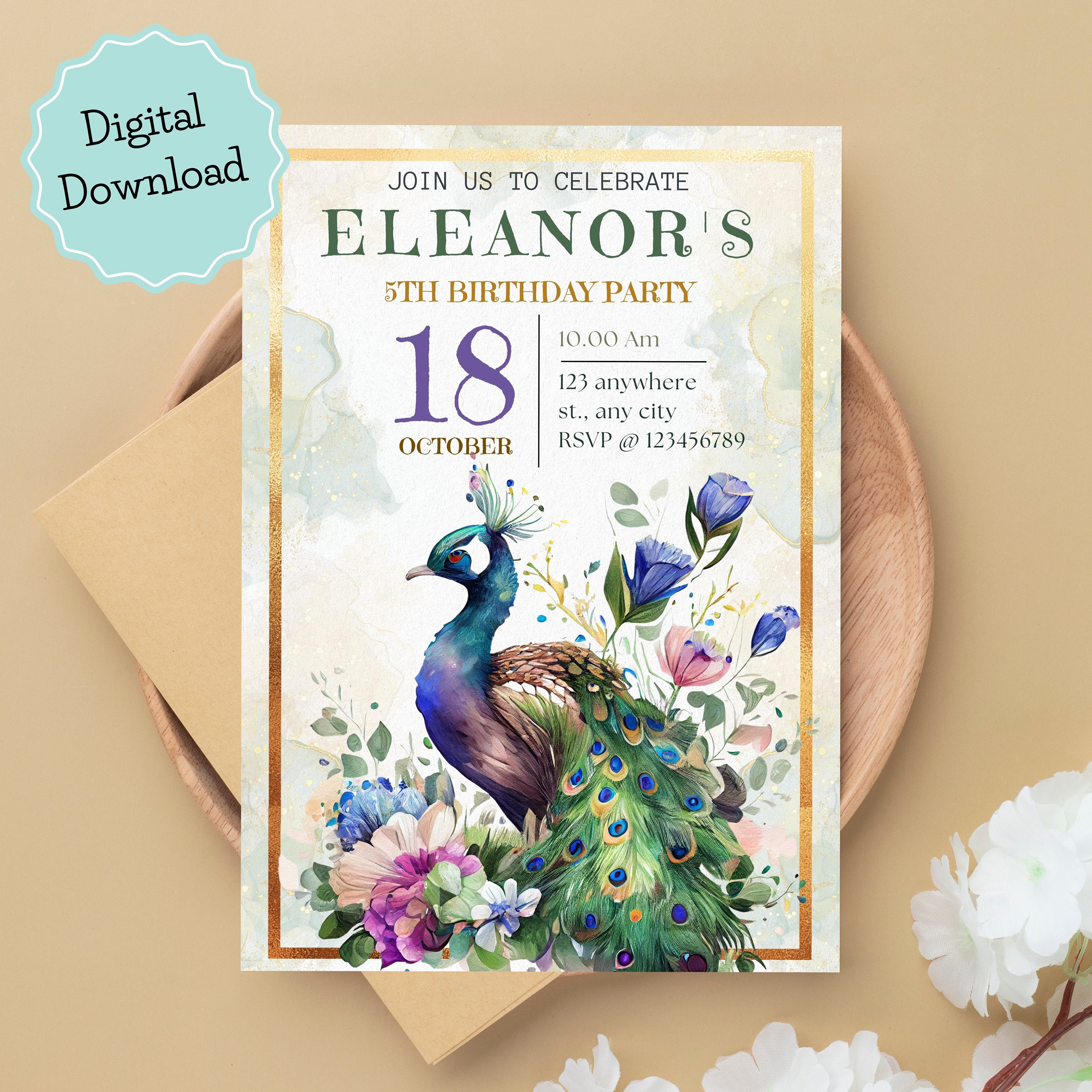 Printable Peacock Invitation, Watercolor Bird Peacock Birthday Invite ...
