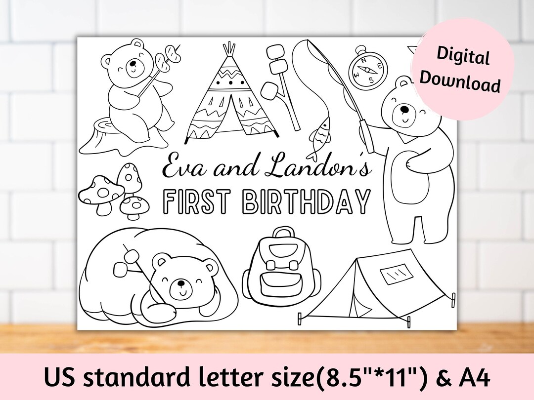 Personalized Camping Coloring Page for Kids, Bear Camping Birthday ...