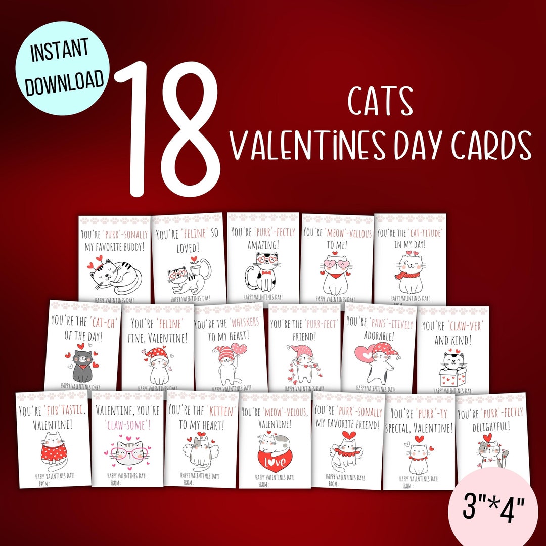 Printable Cute Cat Valentine's Cards for Kids, Cute Cats Kitten ...