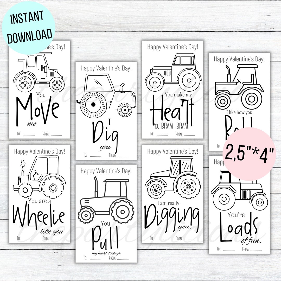 Printable Tractor Valentines Coloring Cards for School, Color Your Own ...