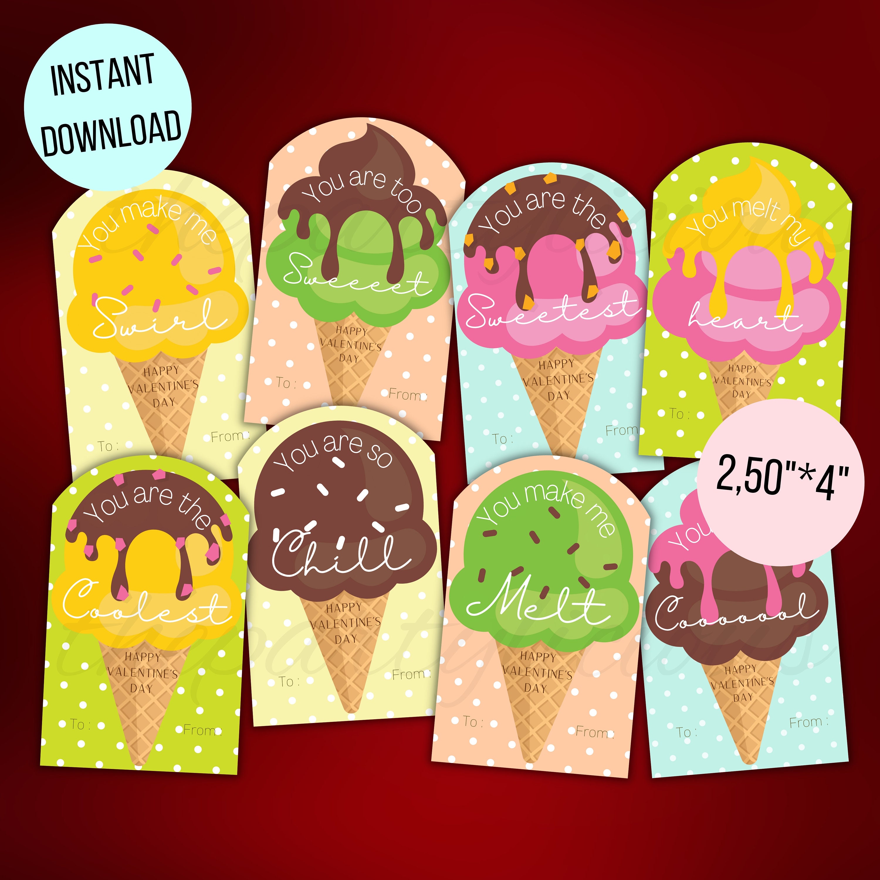 Printable Ice Cream Kids Valentines Day Cards for School, Icecream ...