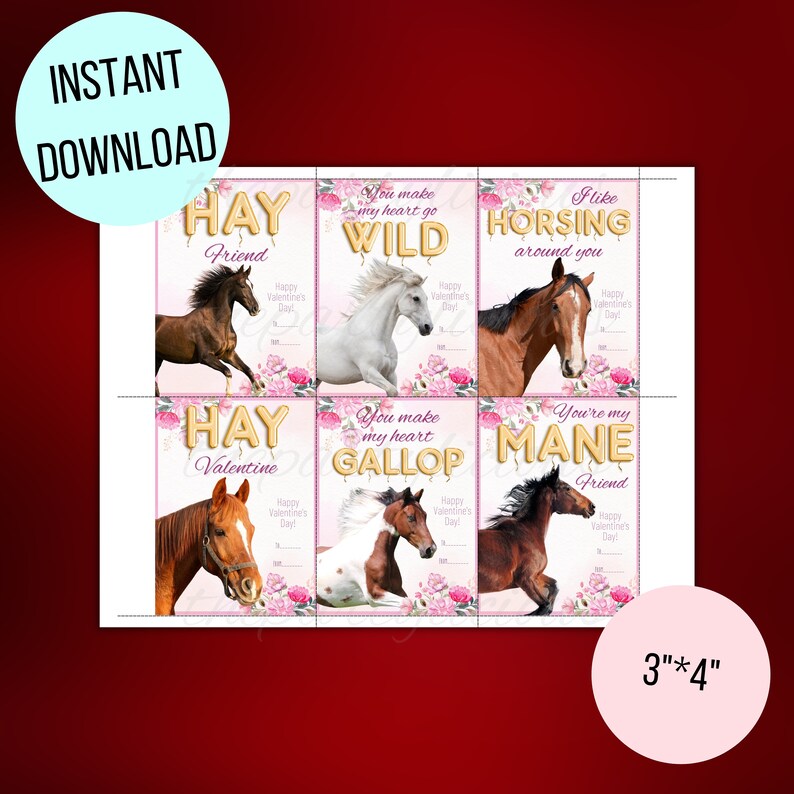 Printable Horse Valentine's Day Cards, Cute Horse Classroom Valentine ...