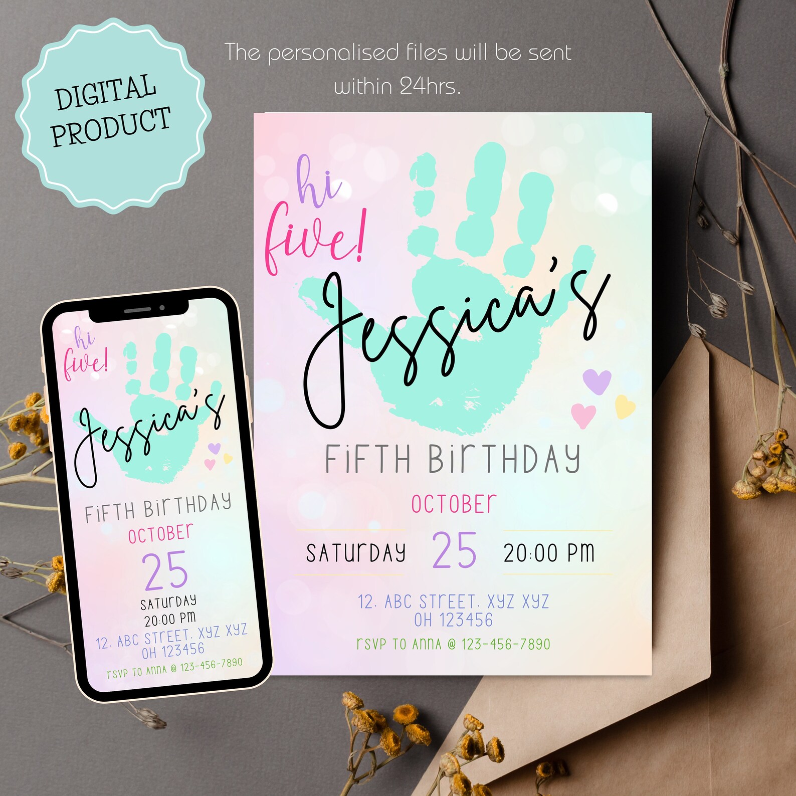 Printable High Five Girls Birthday Invitation, Hi 5 Birthday Invite, Hi ...