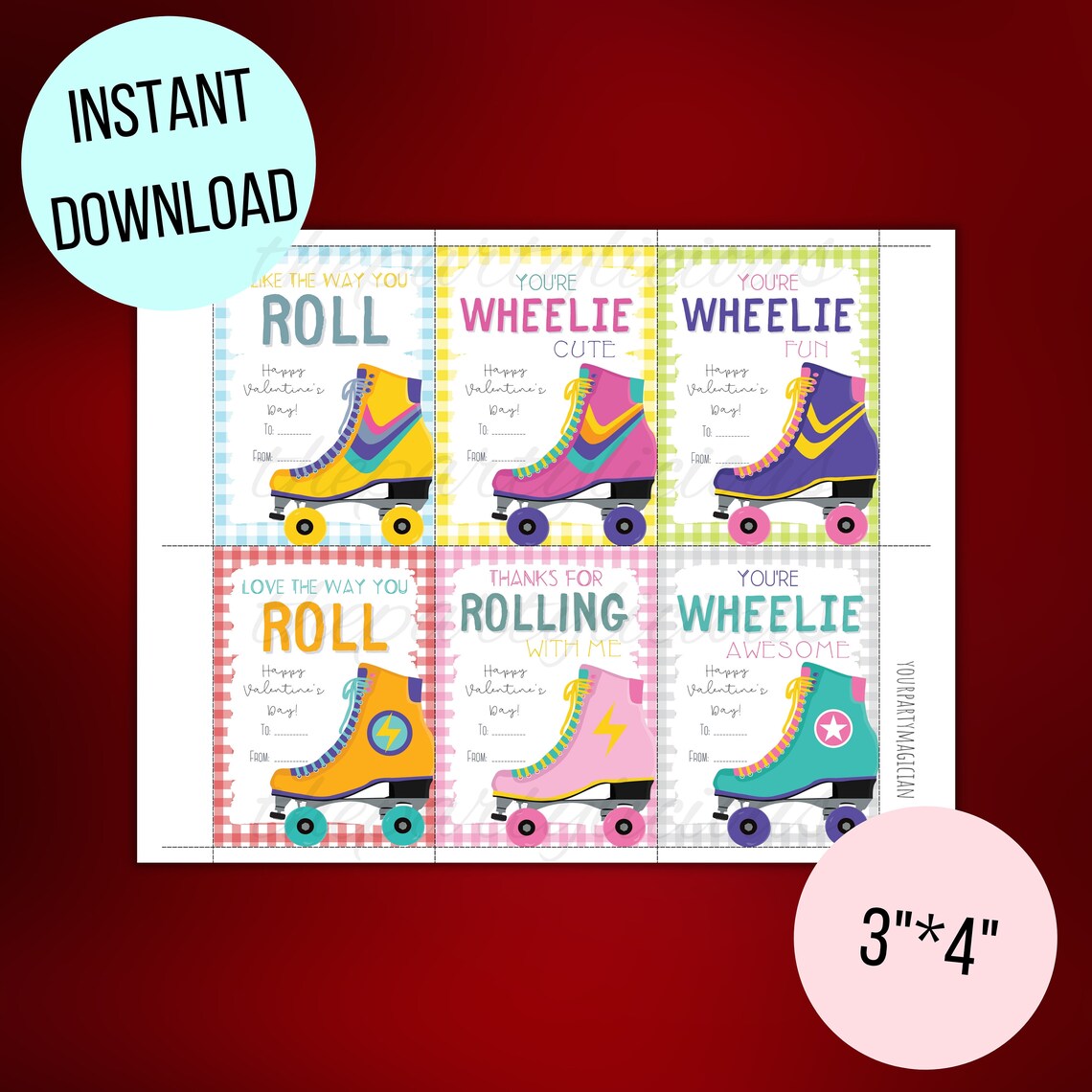 Printable Roller Skates Valentine's Day Cards, School Classroom ...