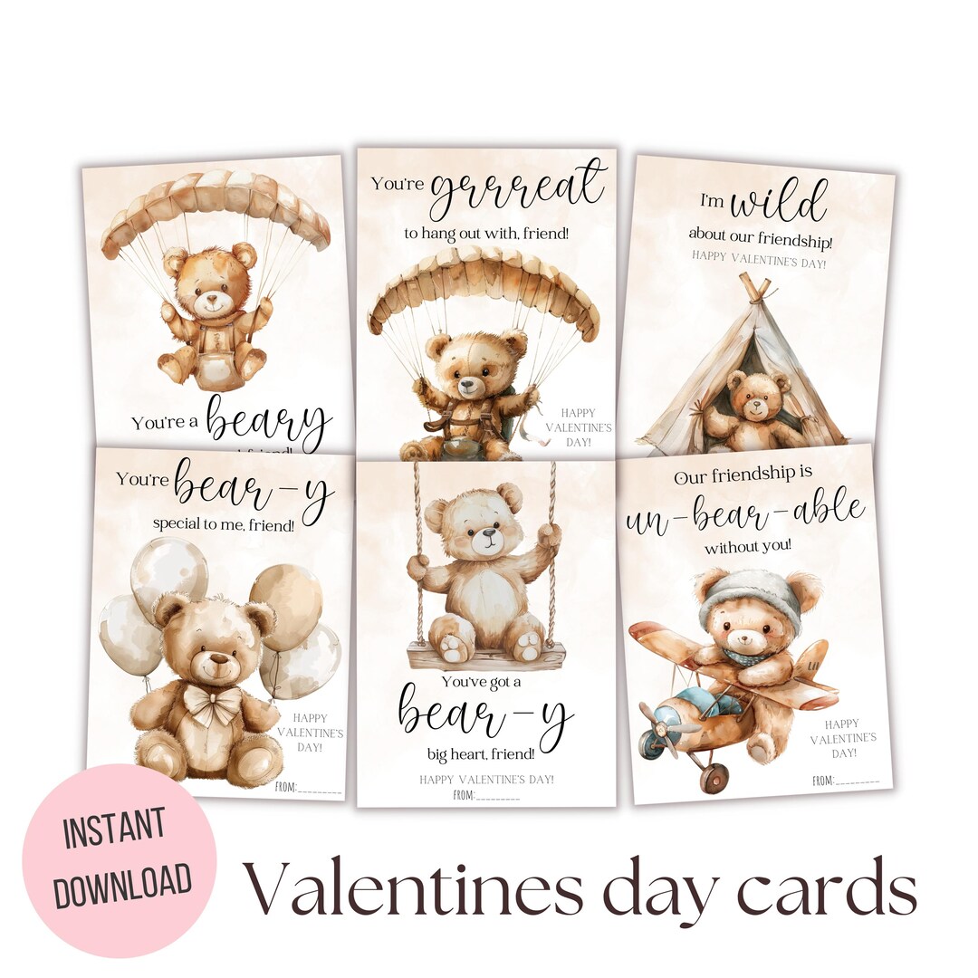 Printable Neutral Teddy Bear Valentines Cards for Kids, Cute Teddy Kids ...