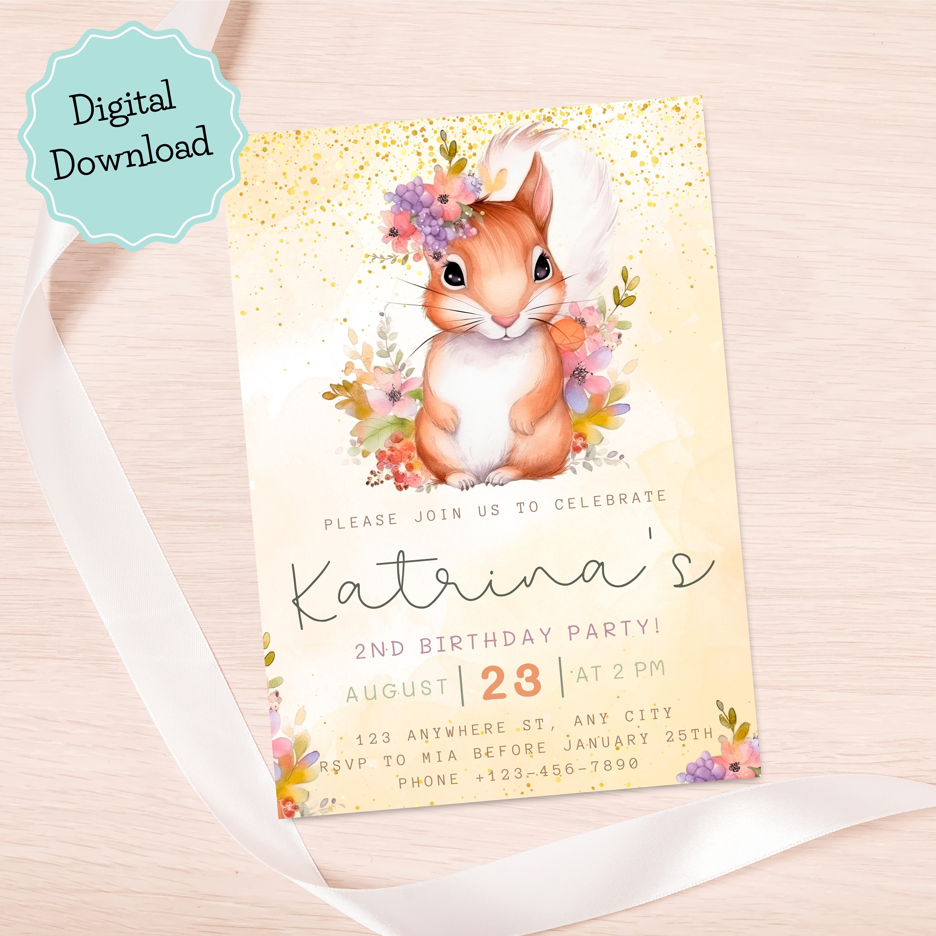 Printable Woodland Squirrel Birthday Party Invitation Invite ...