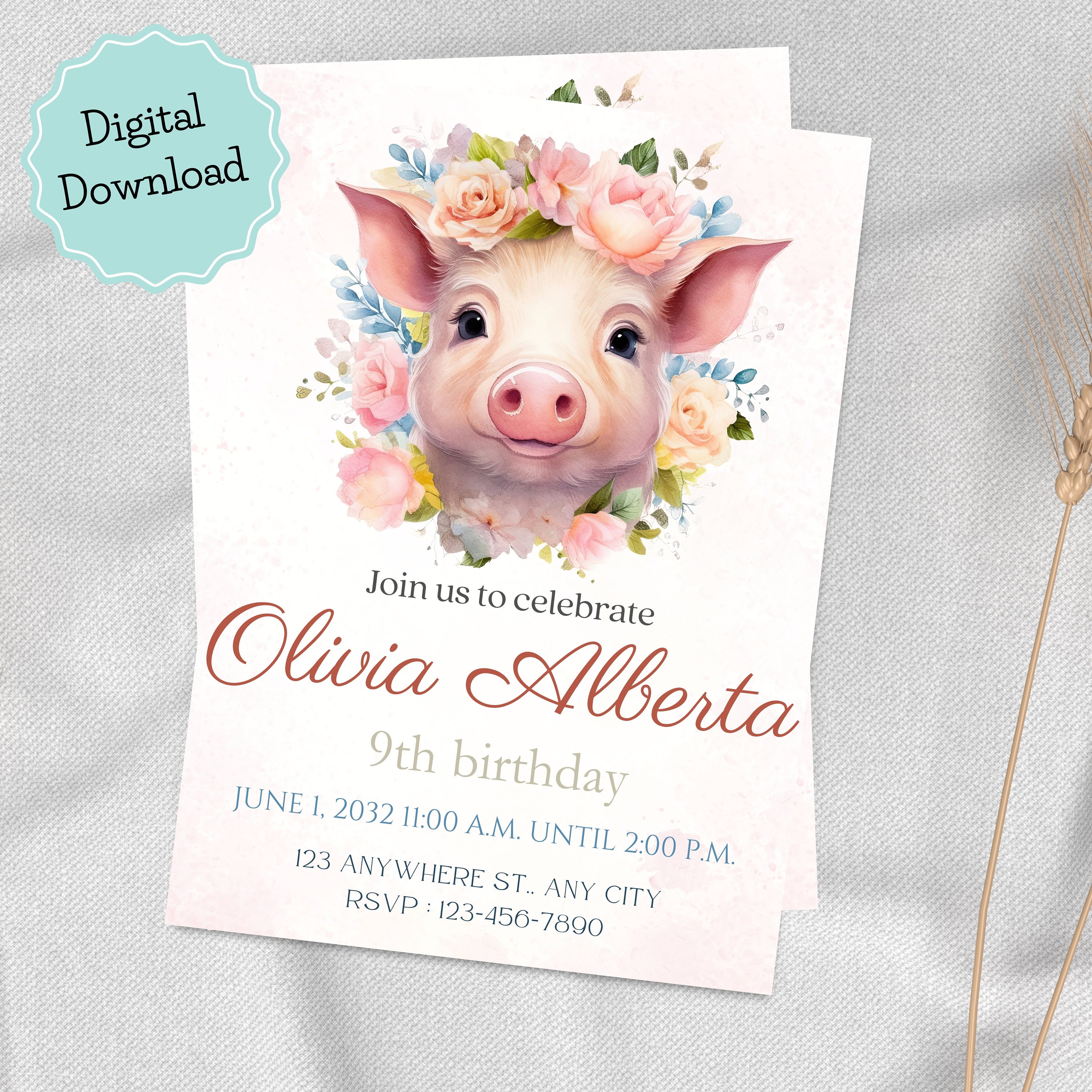 Printable Pig Animal Invitation Watercolor Pig Birthday - Etsy